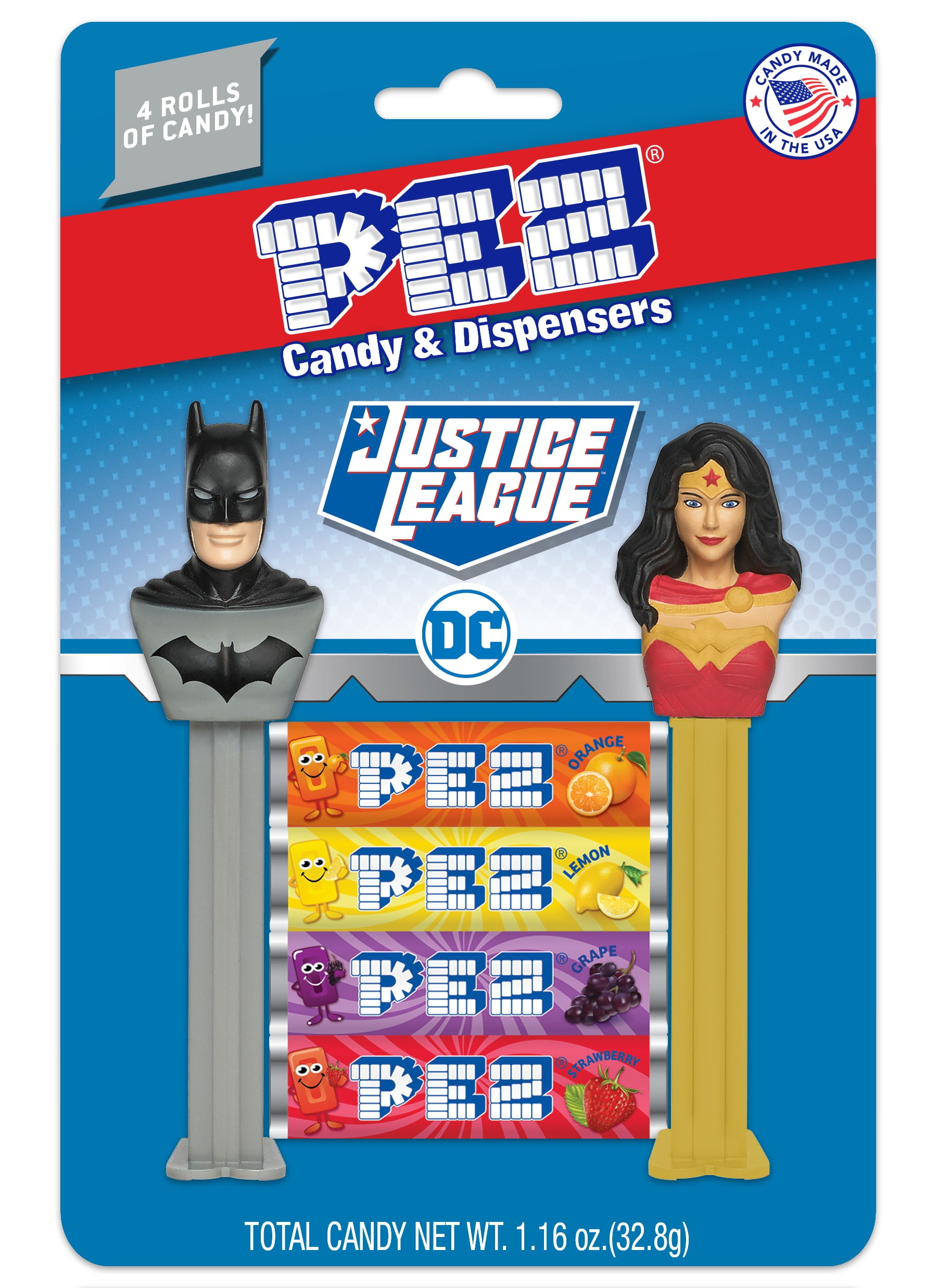PEZ Candy DC Comics 2 Dispensers Plus 4 Rolls Assorted Fruit Candy, 1 ...