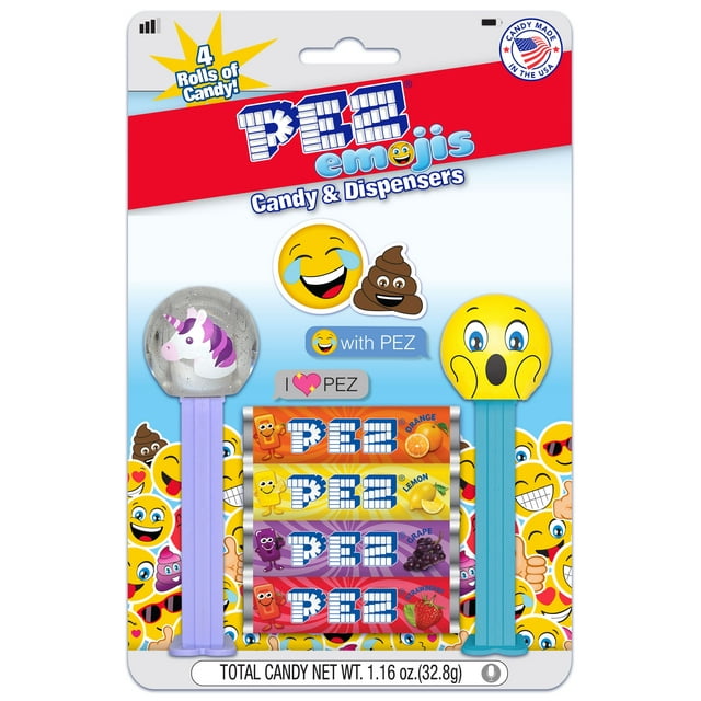 PEZ Candy Emojis 2 Dispensers Plus 4 Rolls Assorted Fruit Candy, 1 ...