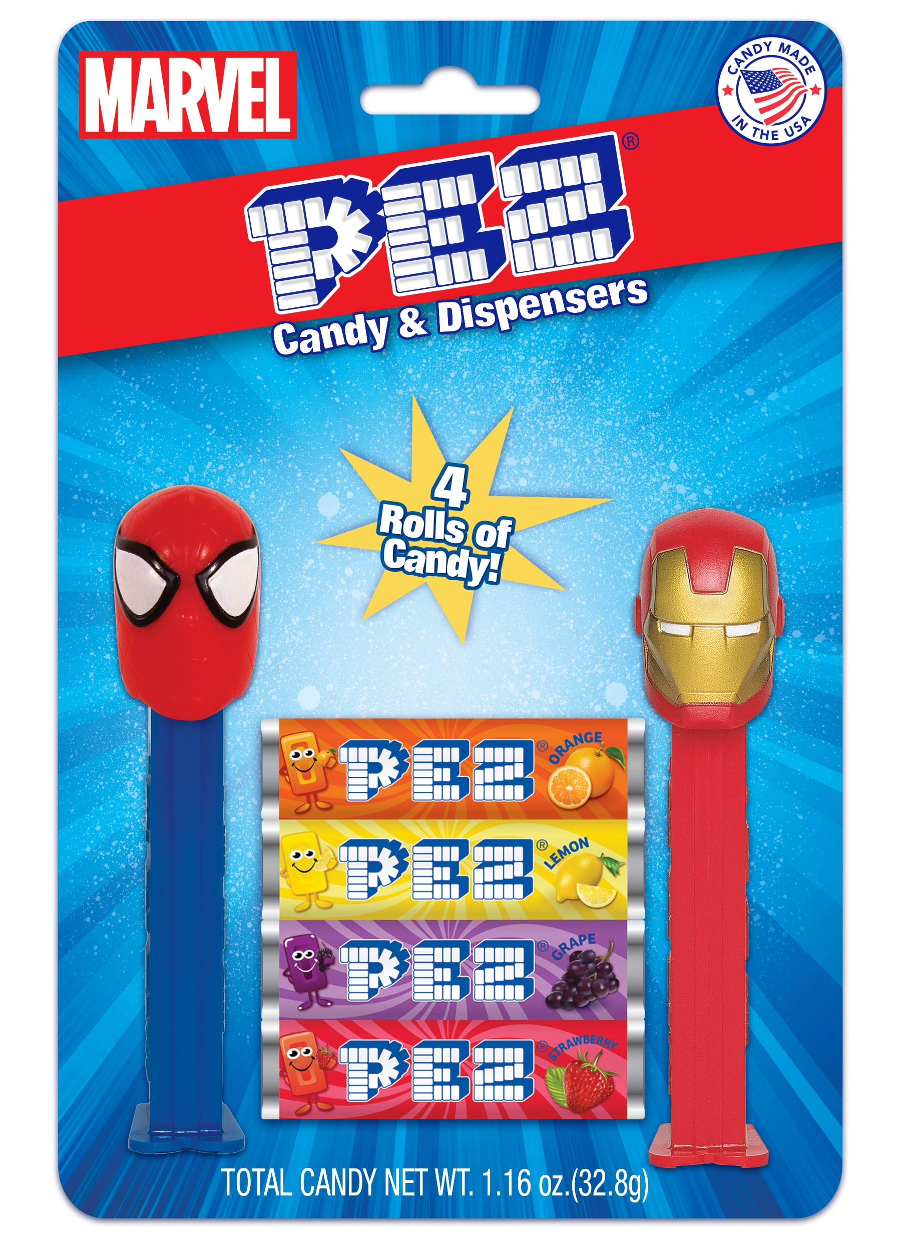 PEZ Candy Marvel 2 Dispensers Plus 4 Rolls Assorted Fruit Candy, 1 ...