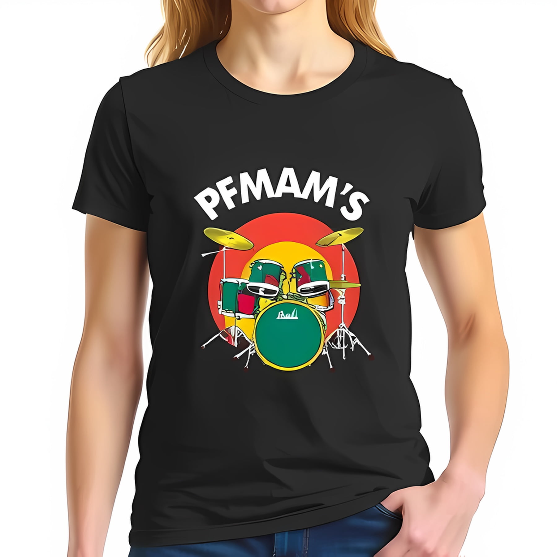 PFMAM'S Vibrant Drum Kit T-Shirt - Bold White Lettering Cartoon Style ...