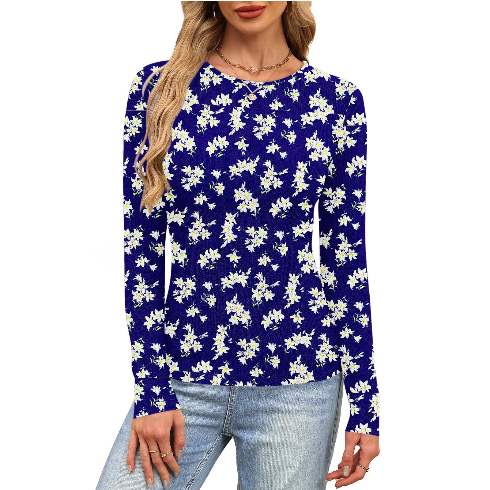 PFRNLF No Boundaries Long Sleeve Tops Womens Stretch Crewneck Ribbed T ...