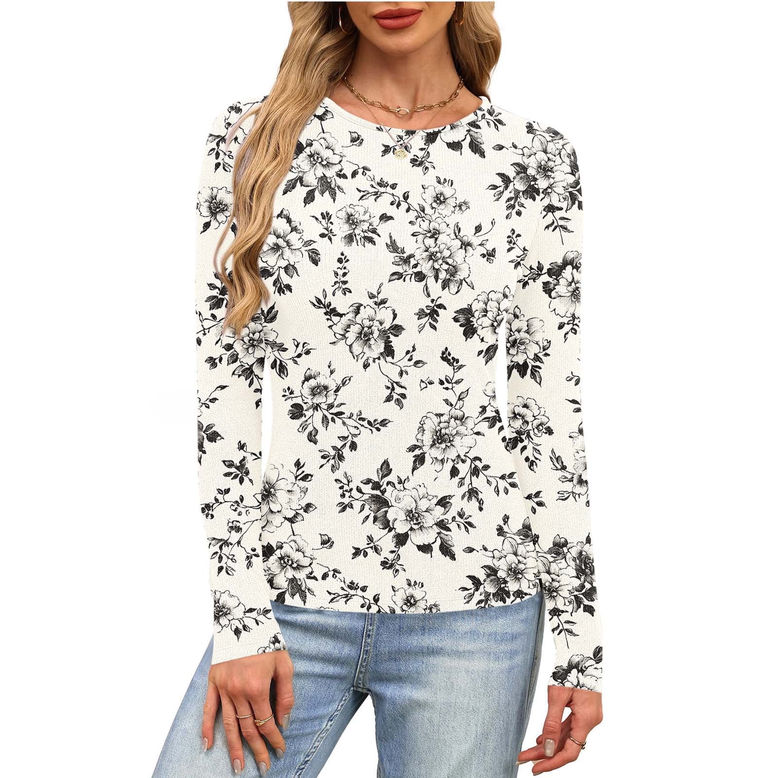 PFRNLF Women's Ribbed Shirts,Crewneck Long Sleeve Tops Slim Fitted ...