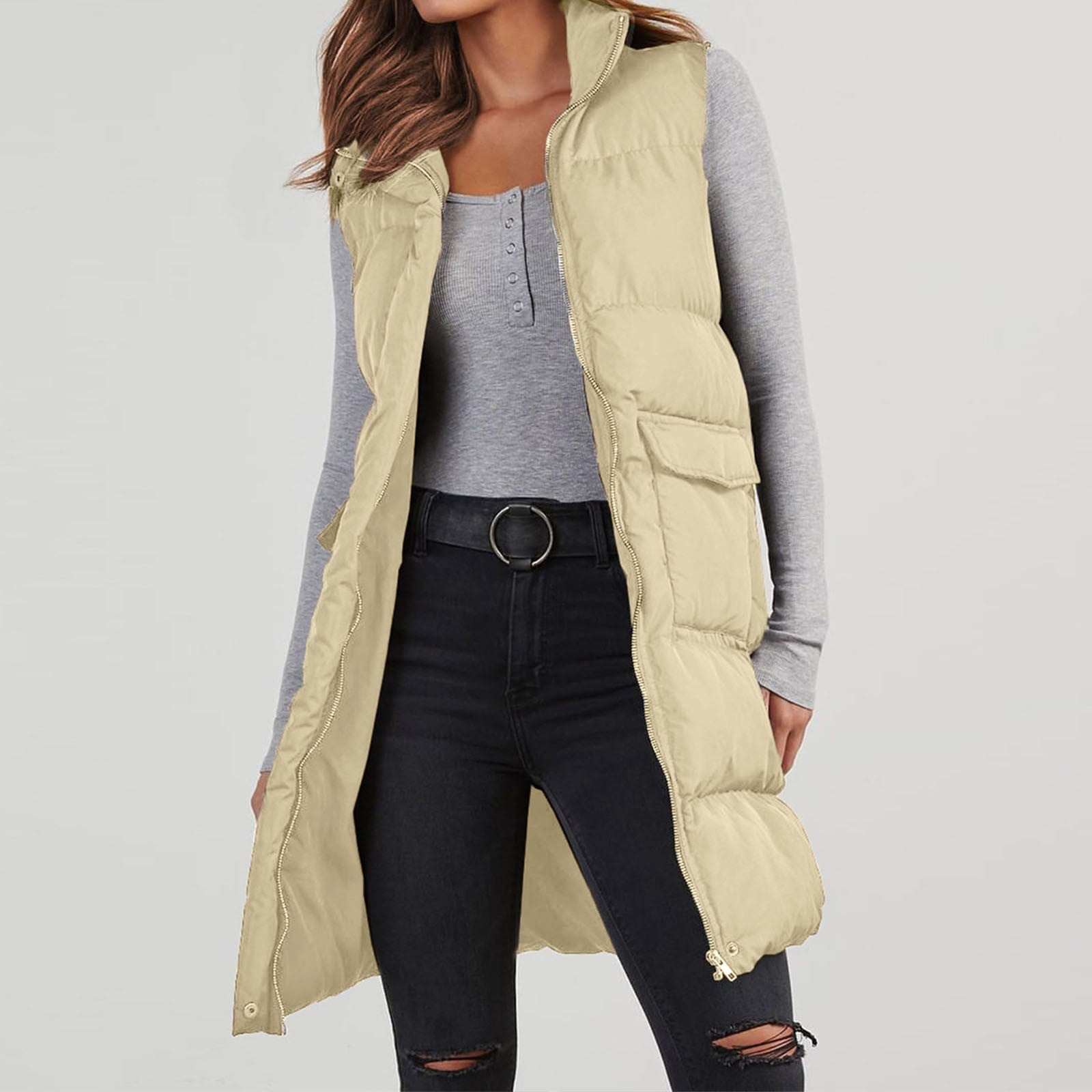 PFWOWB Beige Overcoats for Women Long Vest Women 2024 Zipper Sleeveless ...