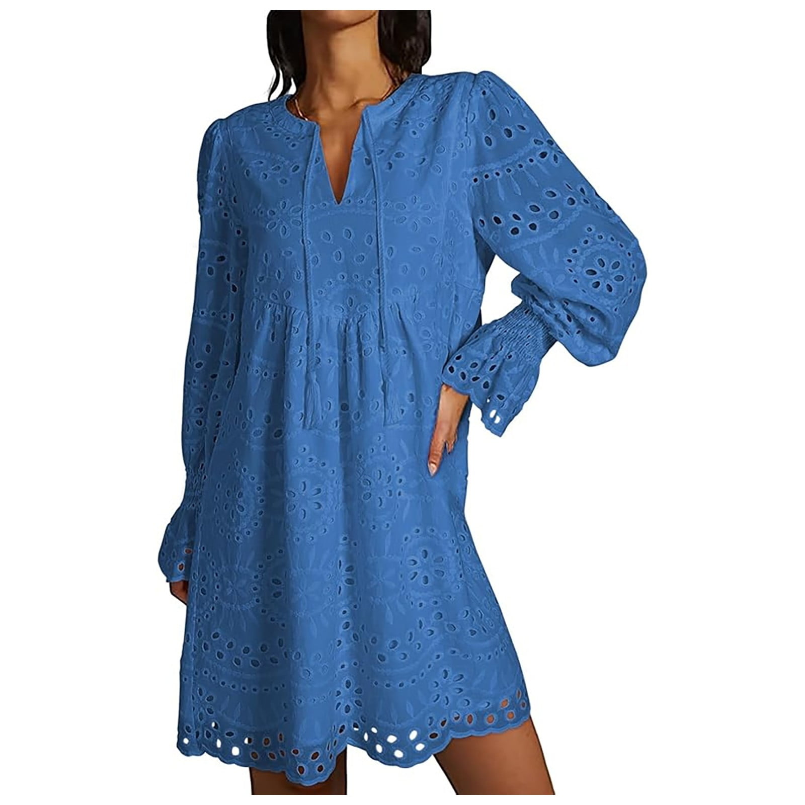 Women's V Neck Shift Dress, 3/4 Sleeve, Lace Tunic, Knee Women's V Neck Shift Dress, 3/4 Sleeve, Lace Tunic, Knee