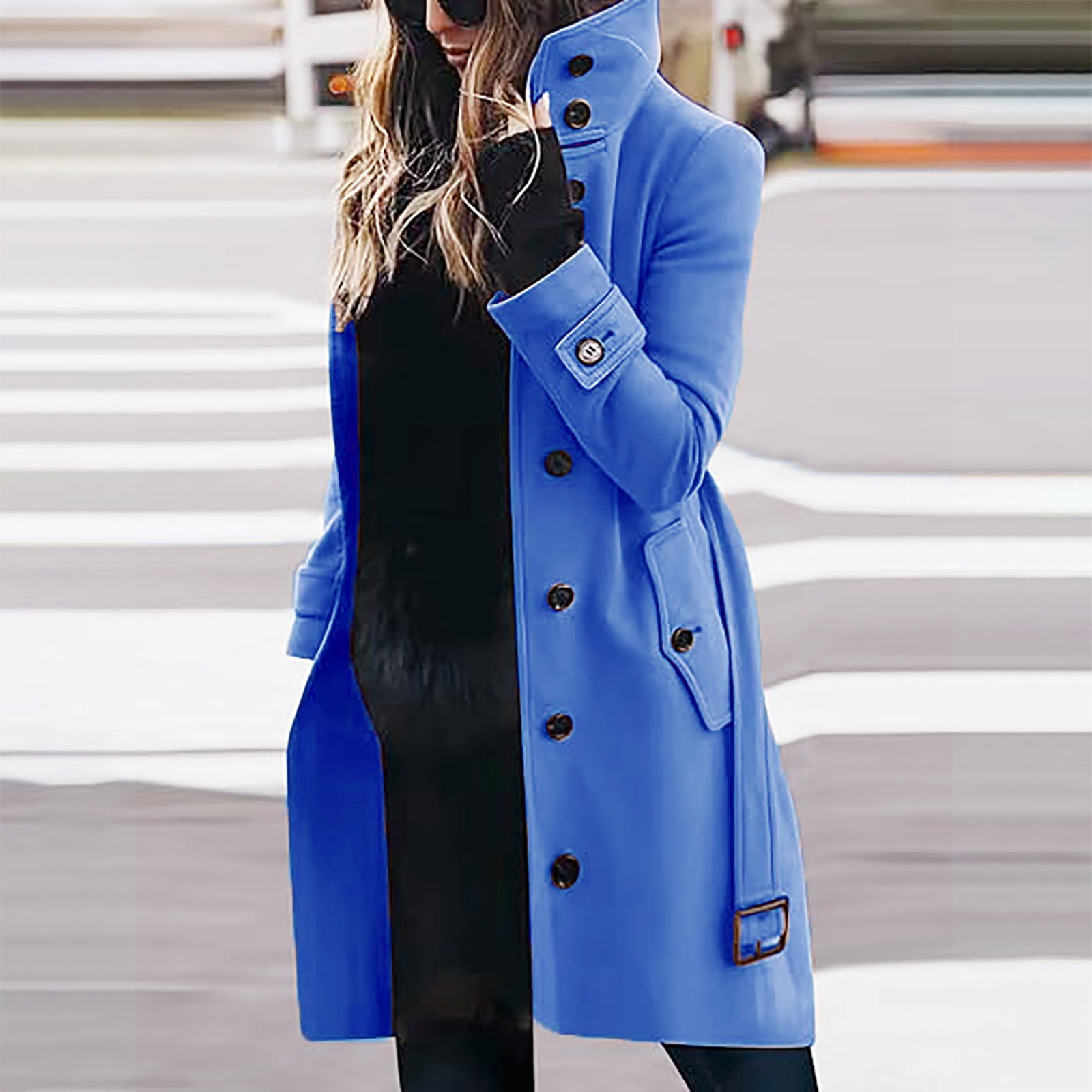 PFWOWB Blue Waterproof Windbreaker Women Single Stand Up Wool Coat ...