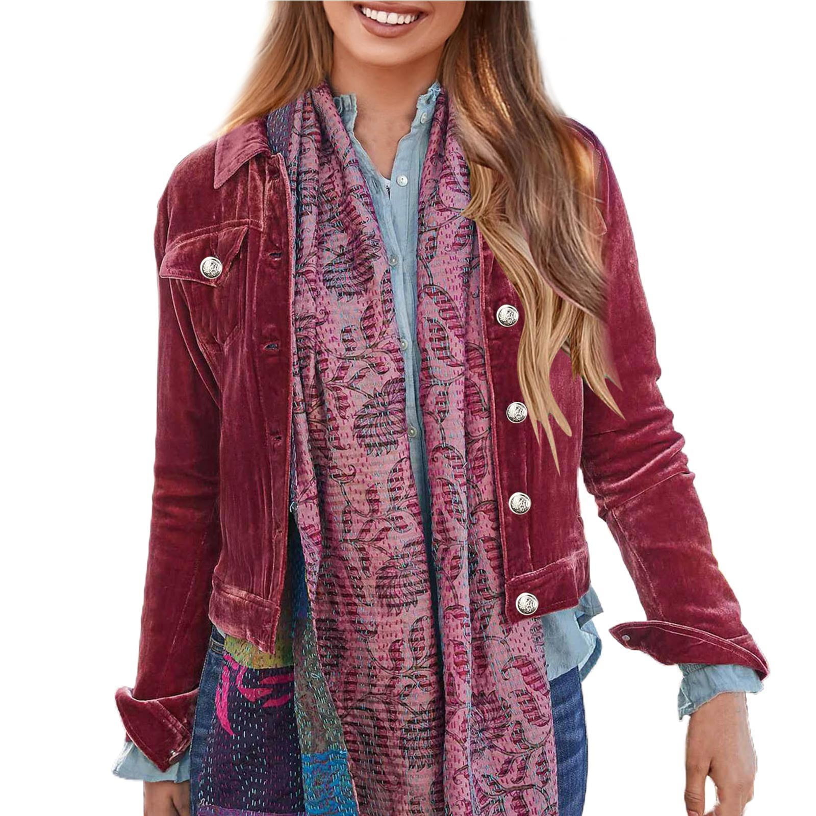 PFWOWB Casual Jackets for Women Ladies Gold Velvet Denim Jacket Single ...