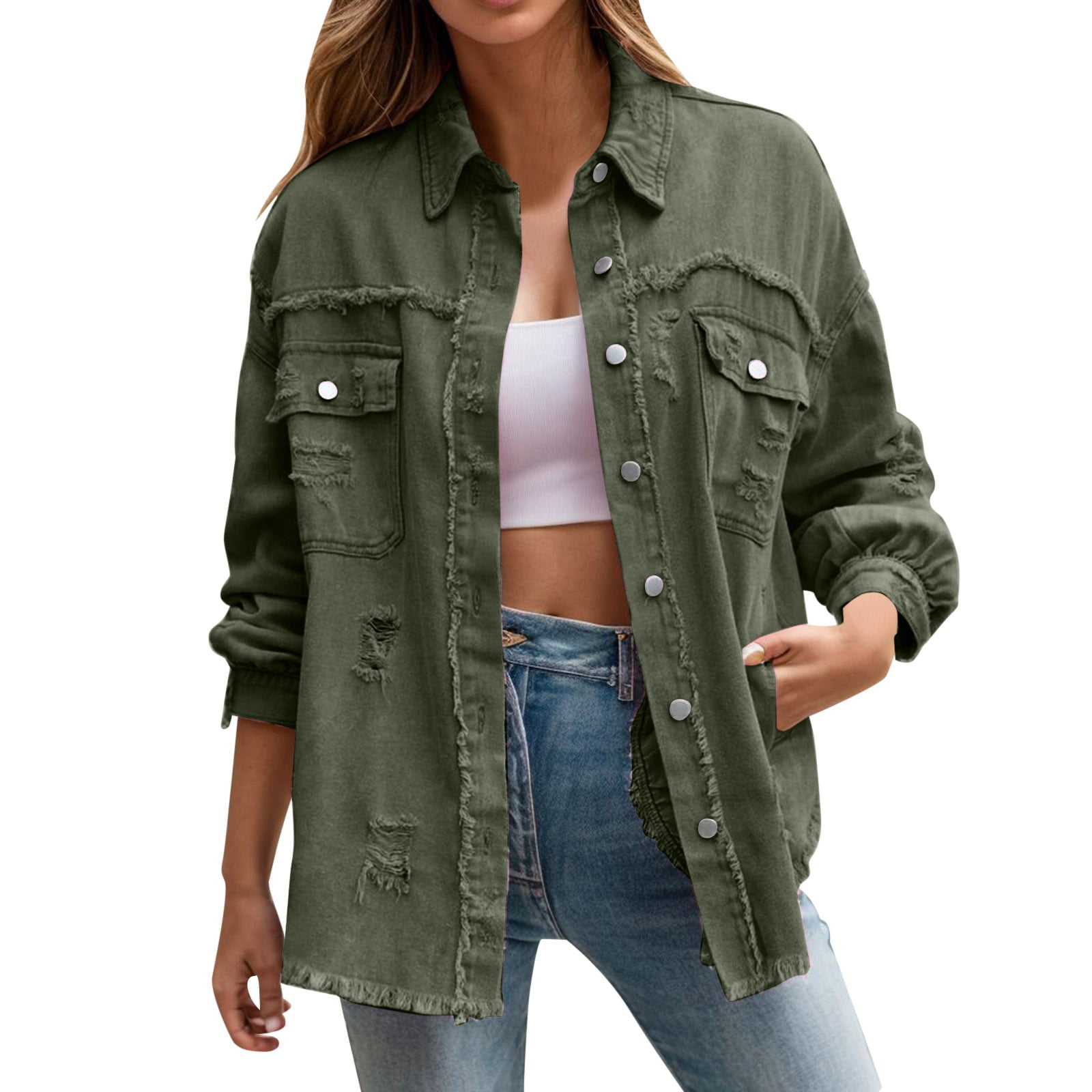 PFWOWB Denim Jacket for Women Women's Trendy Ripped Oversized Denim ...