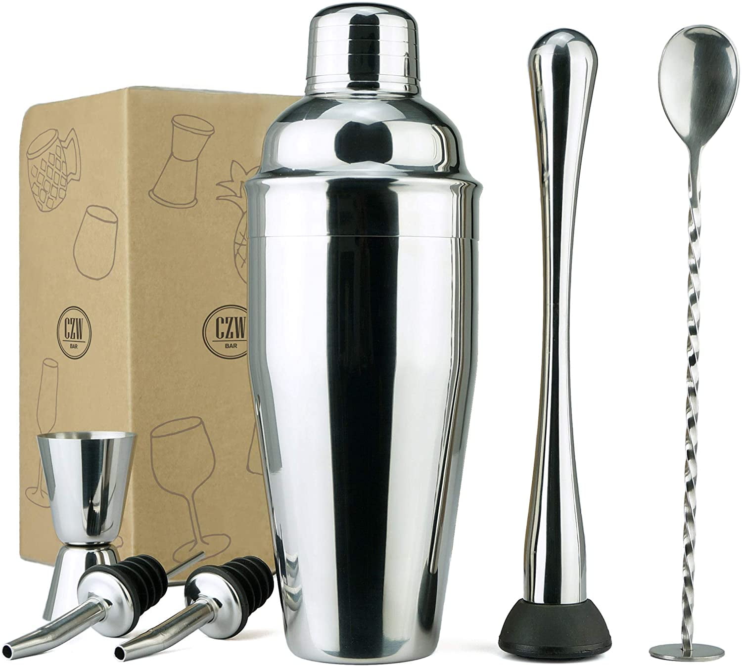 PG 6-Piece Premium Cocktail Shaker Set, 18/8 Stainless Steel, 24oz ...