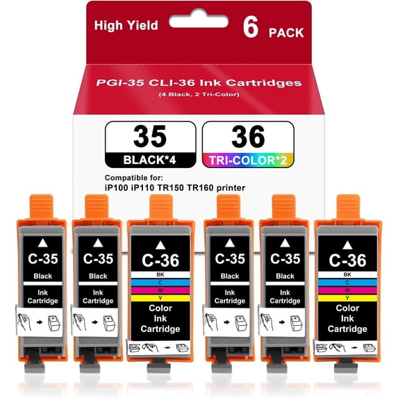 PGI-35 CLI-36 Ink Cartridges Set 4 Black and 2 Tri-Color Total 6 Pack ...
