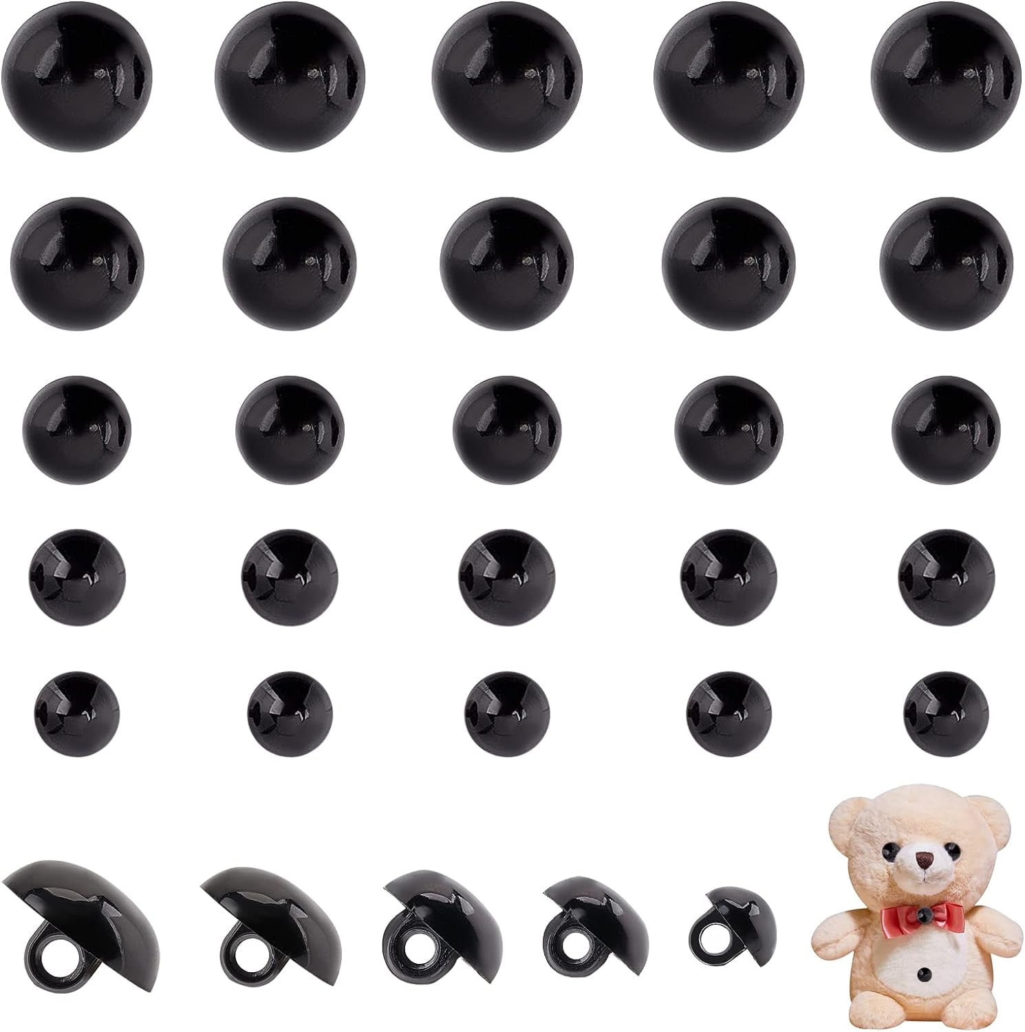 PH 300pcs Black Crafts Eyes 5 Sizes Animal Eyes Round Domed Buttons ...