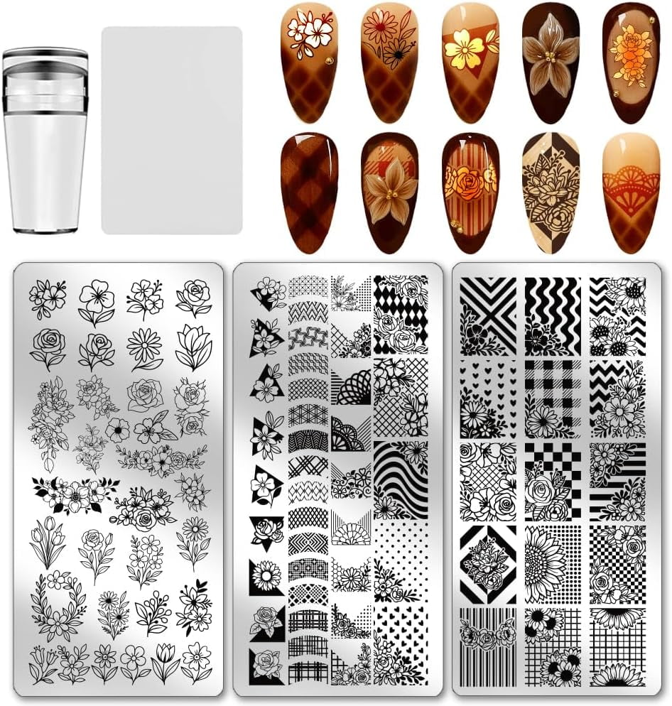 PH 3pcs Flower Plaid Nail Stamping Plate Floral Geometric Nail Art ...