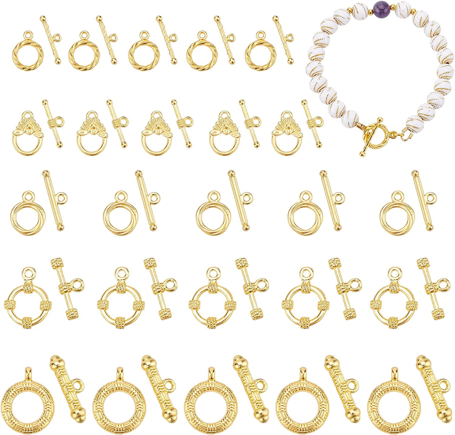 PH 50 Sets 14K Gold Toggle Clasps Flower Ring T-Bar Jewelry Clasps ...