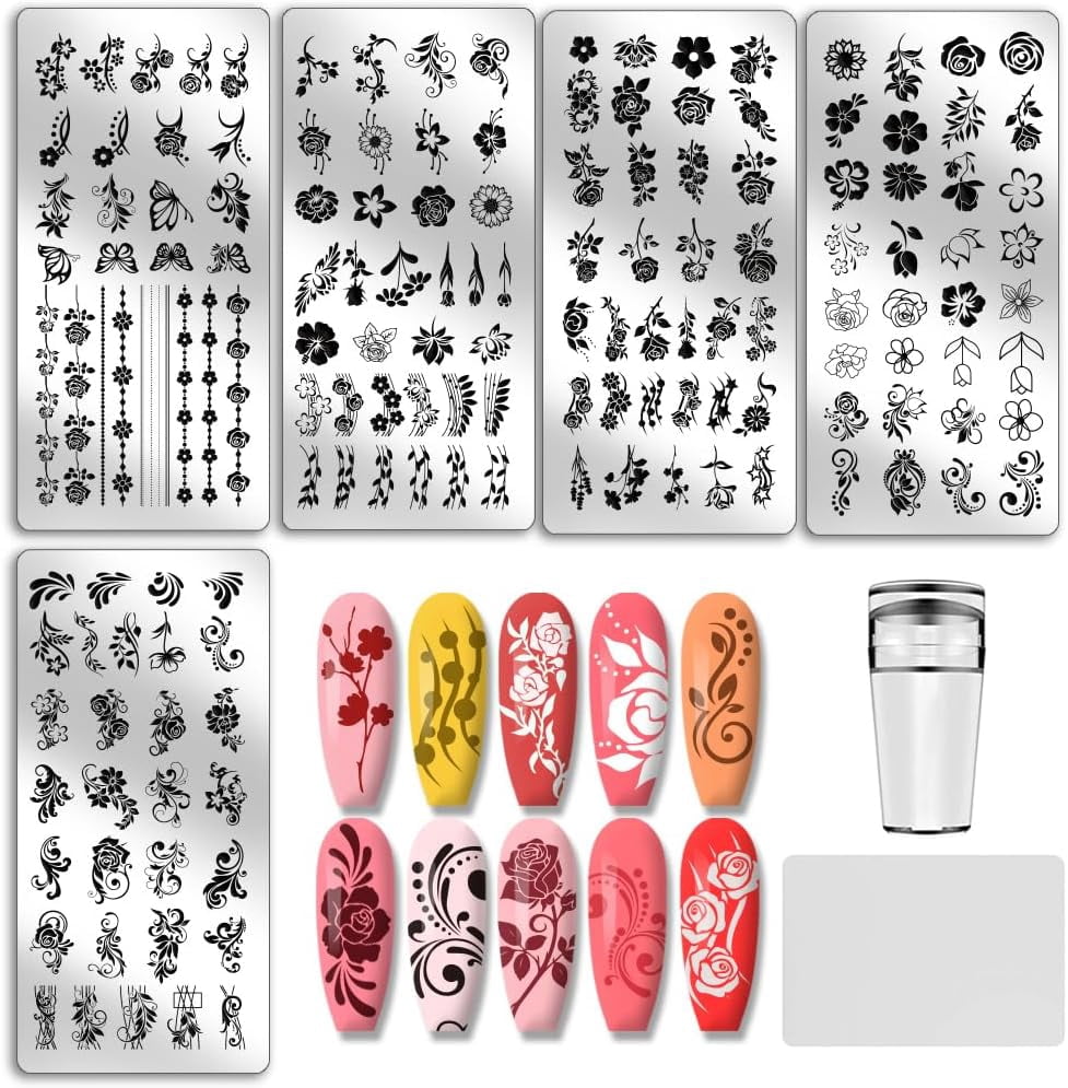 PH 5pcs Flower Nail Stamping Plates Rose Nails Art Stencils Swirl ...
