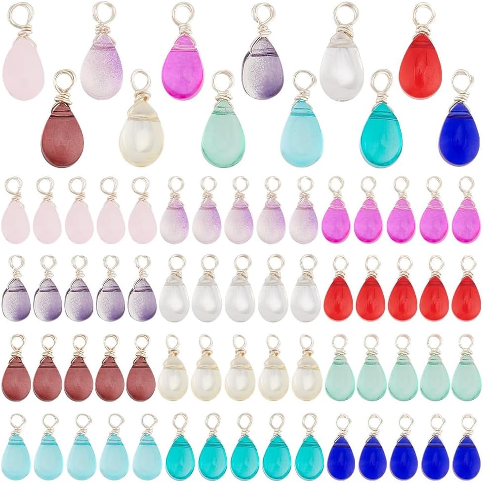 PH 72pc 12 Color Dangle Charms: Transparent Glass Teardrop Silver Wire ...
