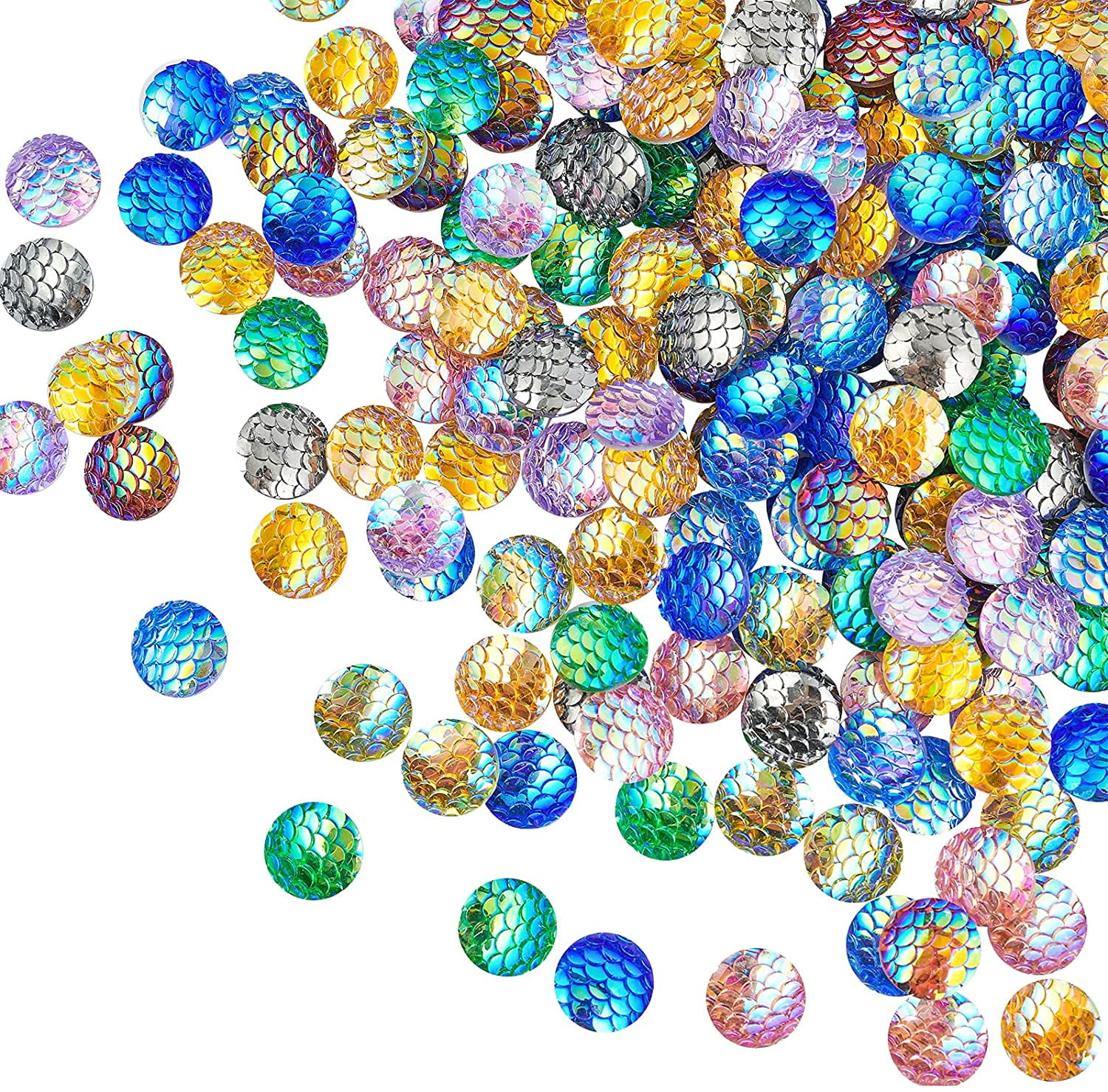 PH PandaHal 200pcs 10 Color Scales Cabochons Round Resin Fish Skin Flat ...