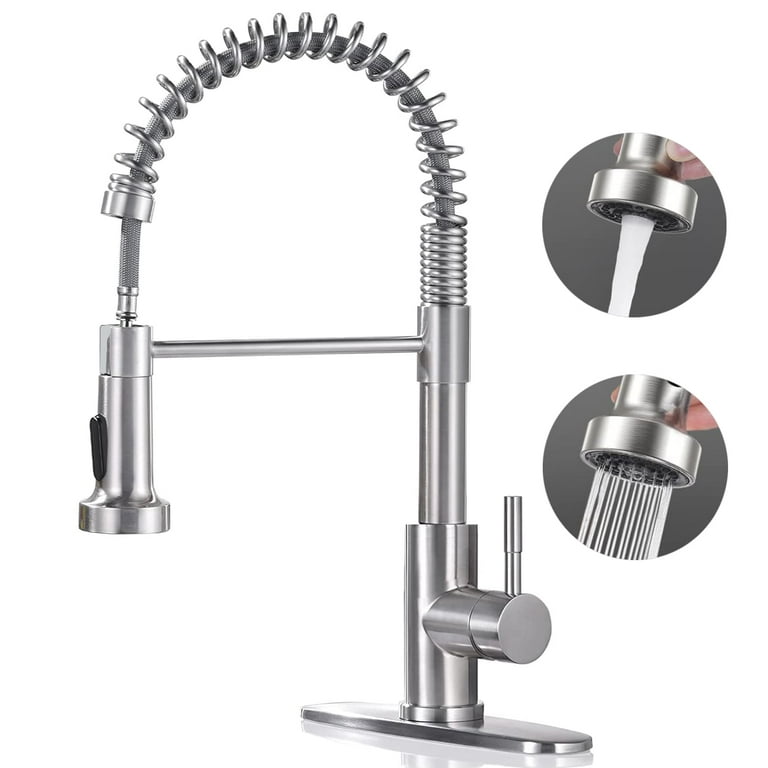 Single Handle Kitchen Faucet Pull Down Sprayer Kitchen Faucet with Deck Plate in Brushed Nicke