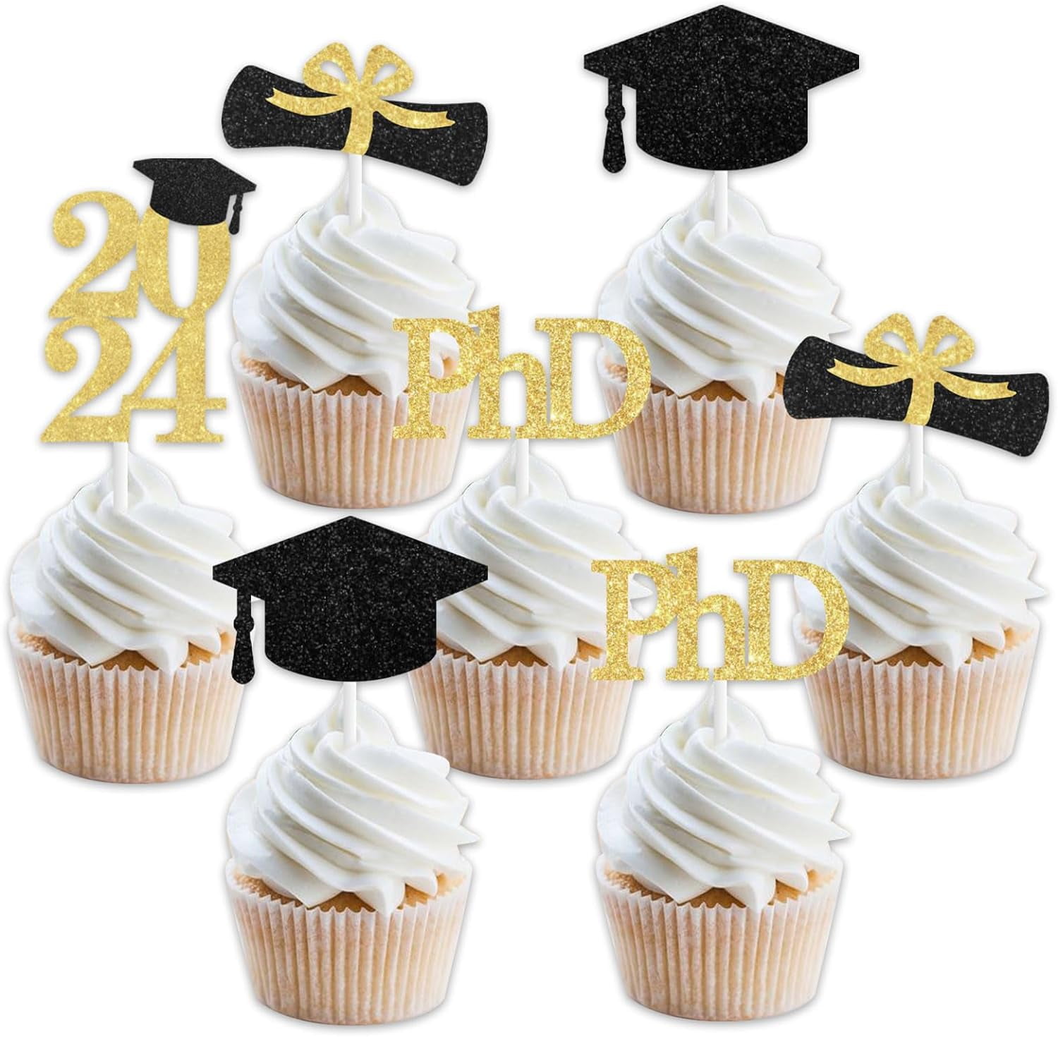 PHD Graduation Decorations 2024, 36 Pcs PHD Cupcake Toppers, Black and ...