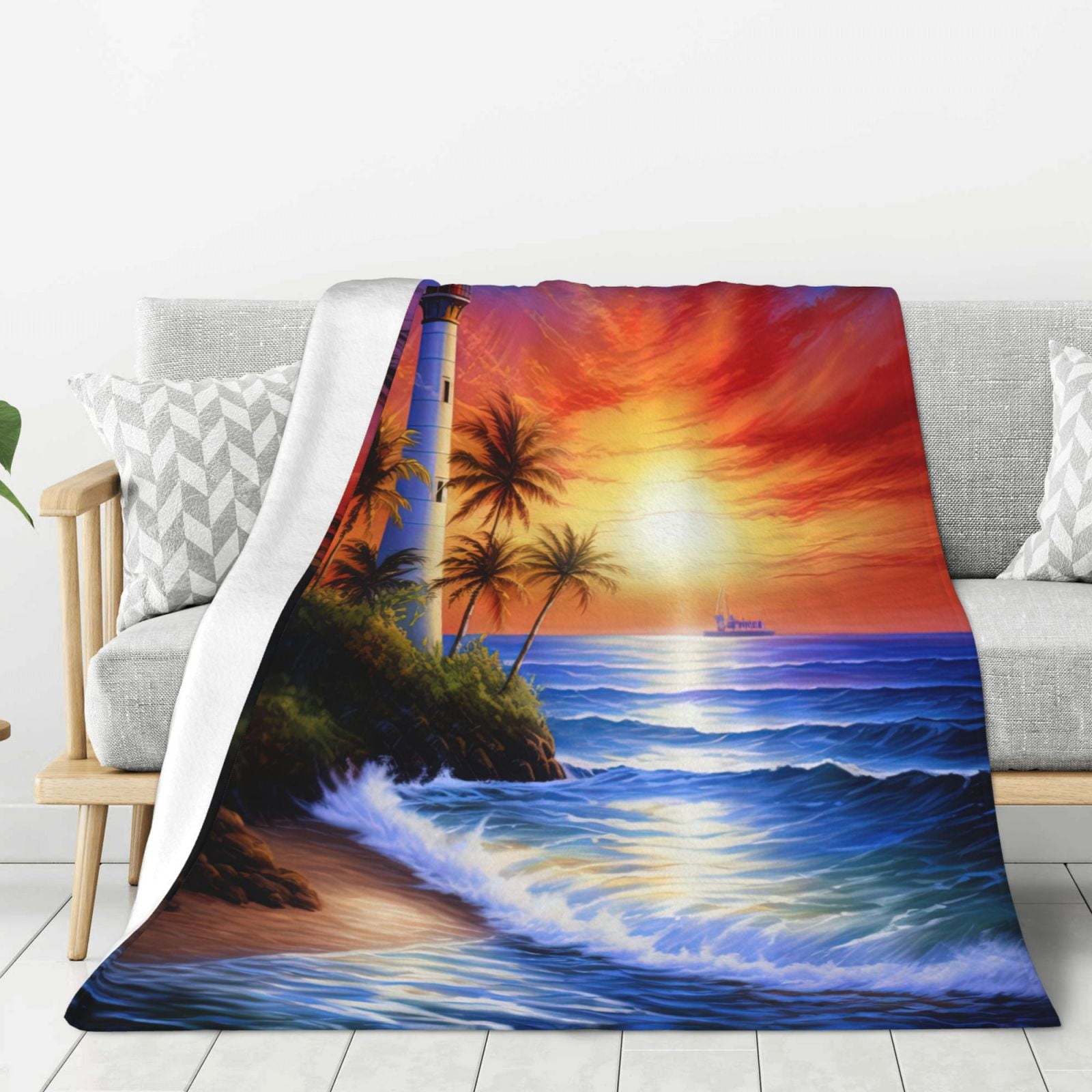PHELIKA Lighthouse Beach Garden Summer 05 Flannel Blanket Lightweight ...
