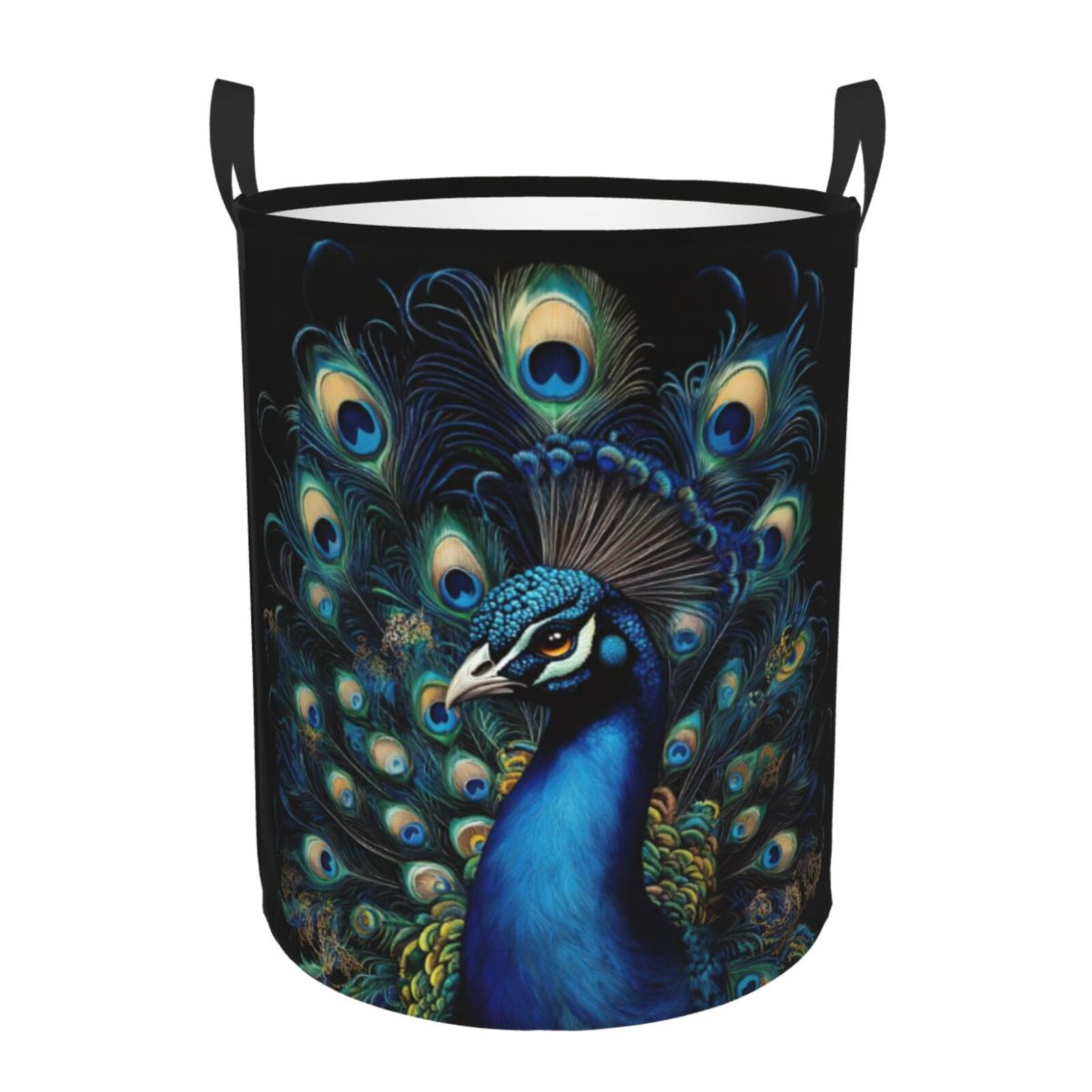 PHELIKA Peacock Feathers Laundry Basket 65L Large Foldable Round For ...