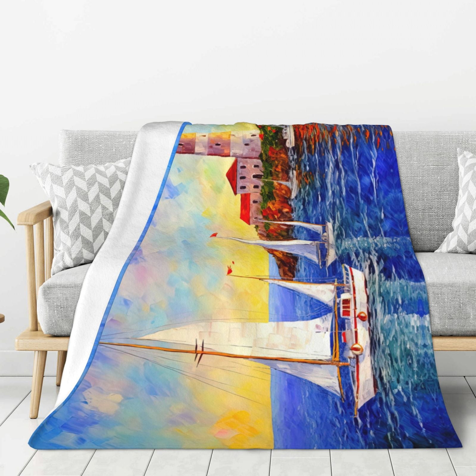 PHELIKA Seascape With Boats Sailboats And Lighthouse 01 Flannel Blanket ...