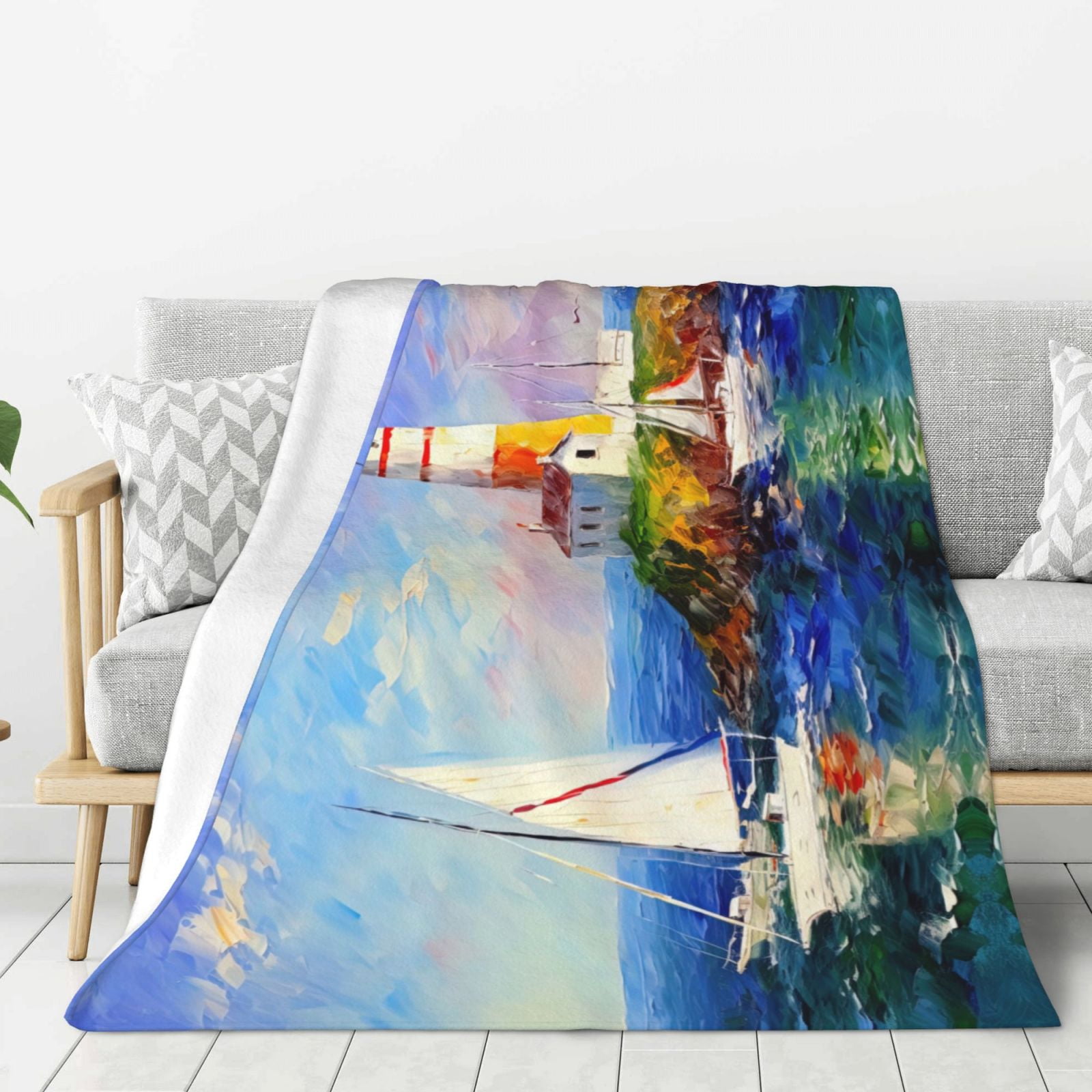 PHELIKA Seascape With Boats Sailboats And Lighthouse 02 Flannel Blanket ...
