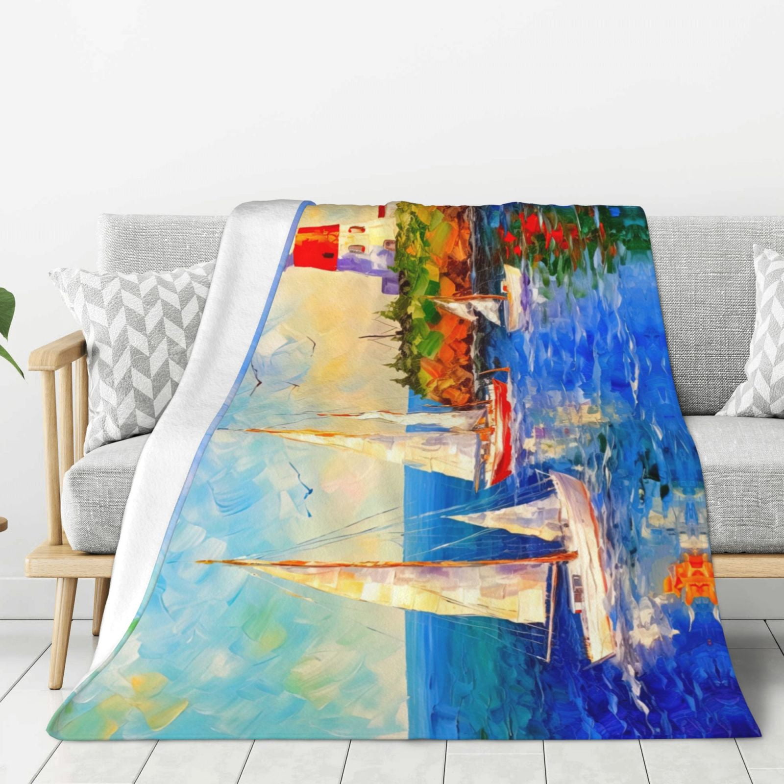 PHELIKA Seascape With Boats Sailboats And Lighthouse 03 Flannel Blanket ...