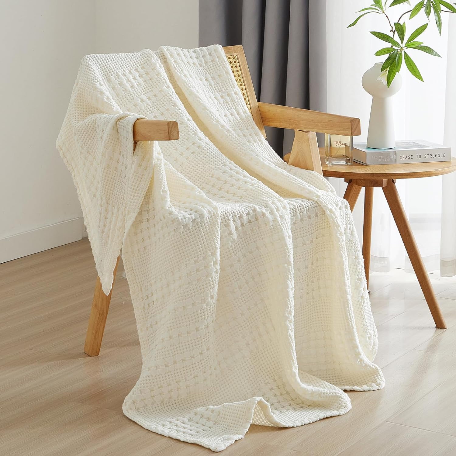 PHF 100% Cotton Waffle Weave Blanket, Lightweight Throw Washed Blanket ...