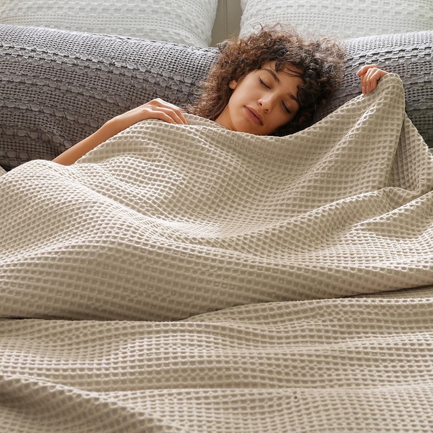 PHF Ultra Soft Waffle Weave Blanket Queen Size, Washed Lightweight ...