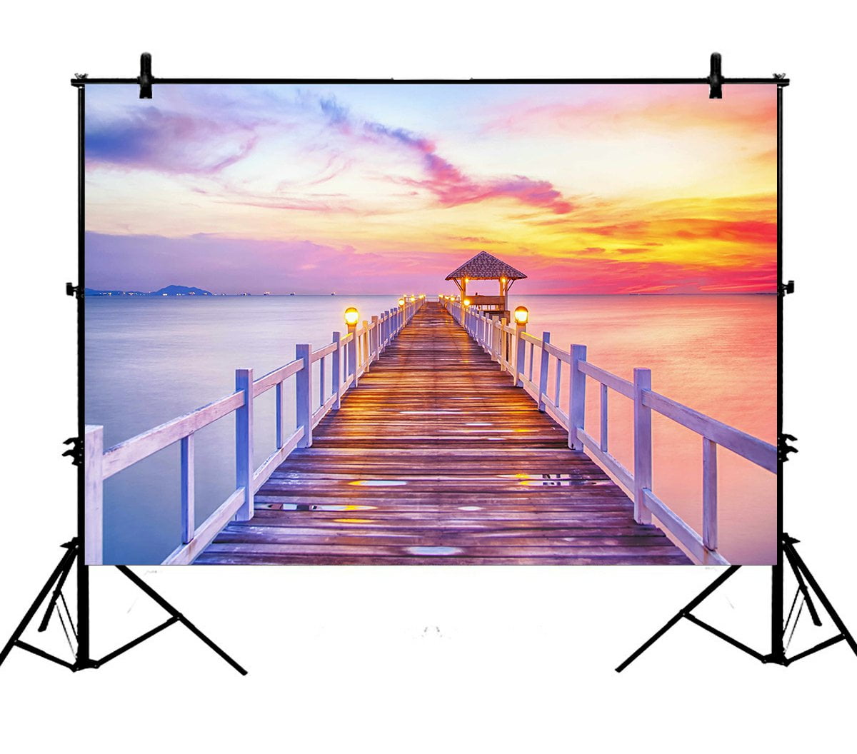 PHFZK 7x5ft Beautiful Sunrise Backdrops, Wooded Bridge in the Ocean ...