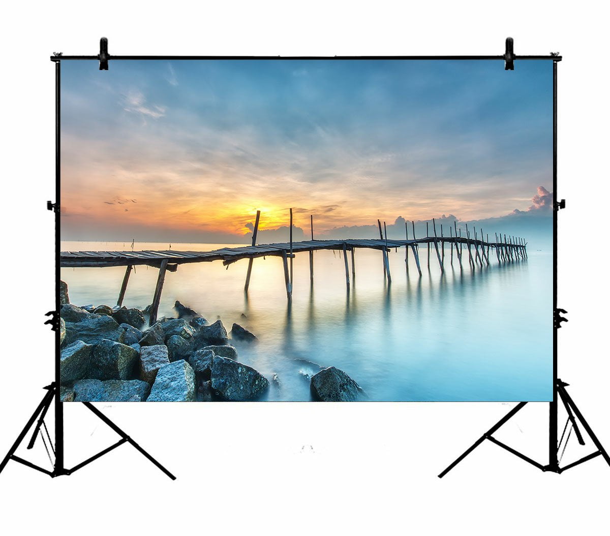 PHFZK 7x5ft Seascape Backdrops, Beautiful Sunrise on Wooden Bridge with ...