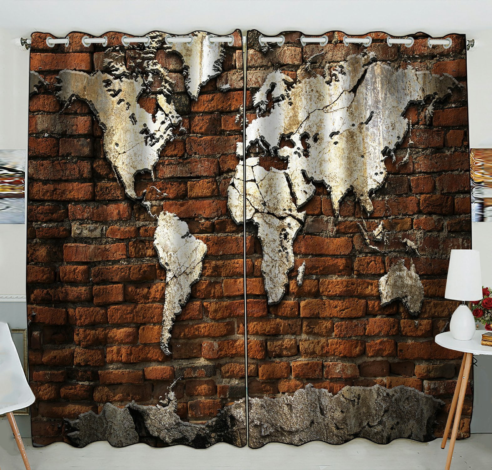 PHFZK Adventure Window Curtain, Vintage Retro World Map on Old Brick ...