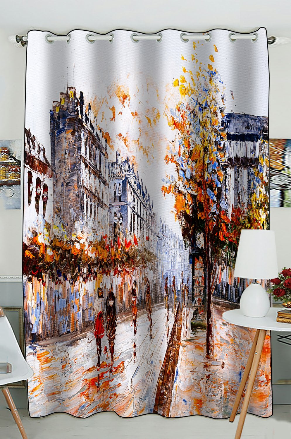 PHFZK Artwork Cityscape Window Curtain, Oil Painting Street View of ...