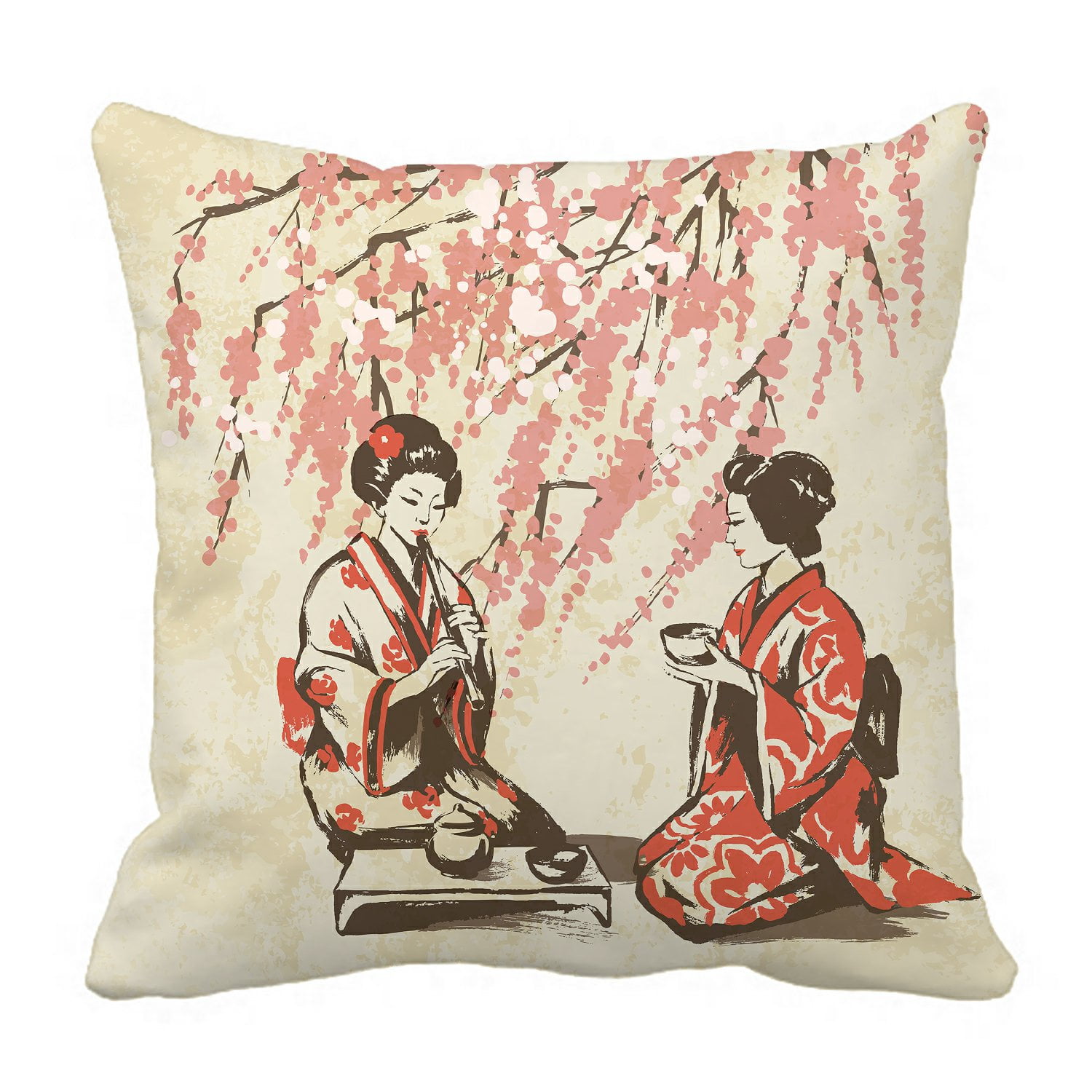 Phfzk Asian Pillow Case Japanese Lady Wearing Kimono With Cherry