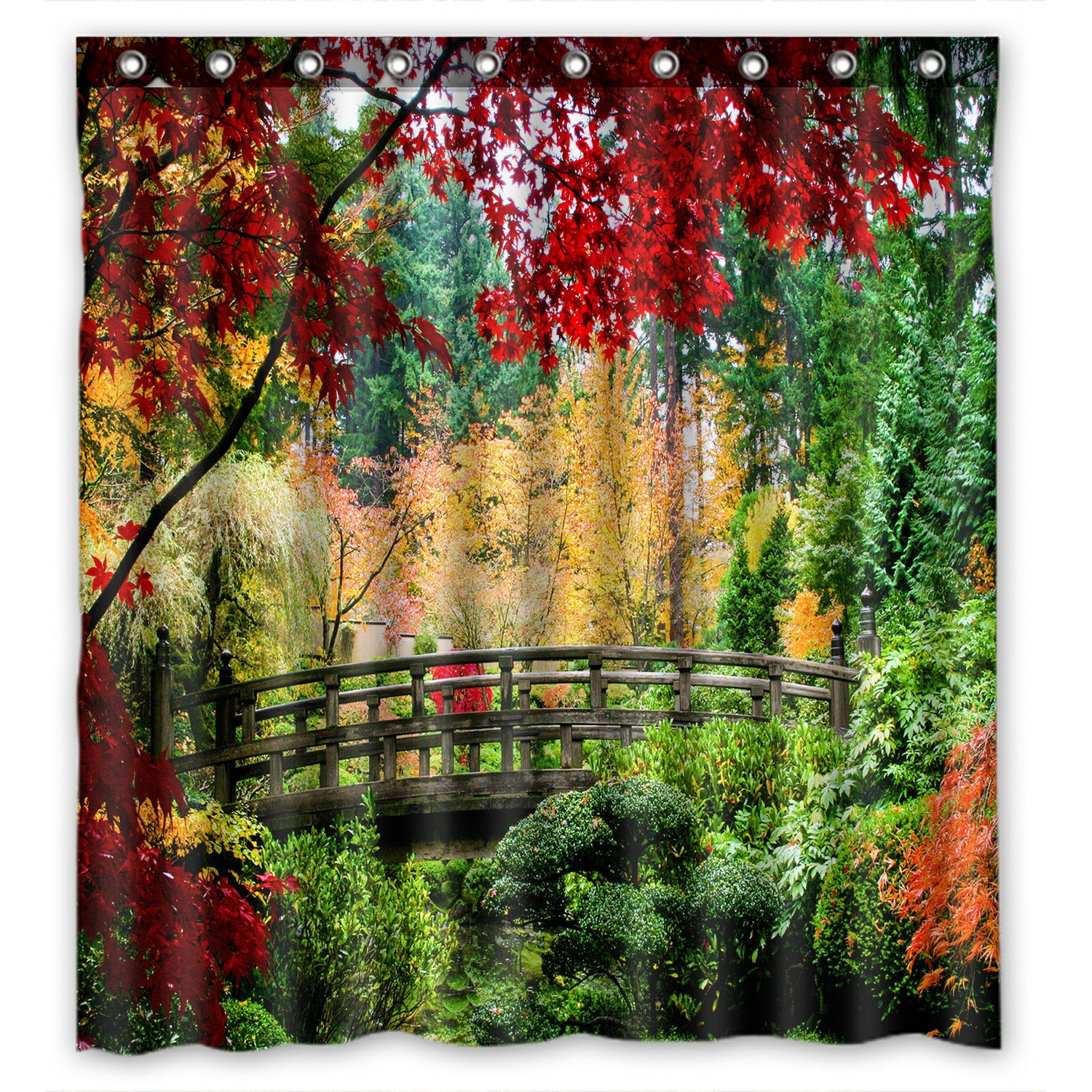 Phfzk Asian Shower Curtain Bridge In Japanese Garden During Fall