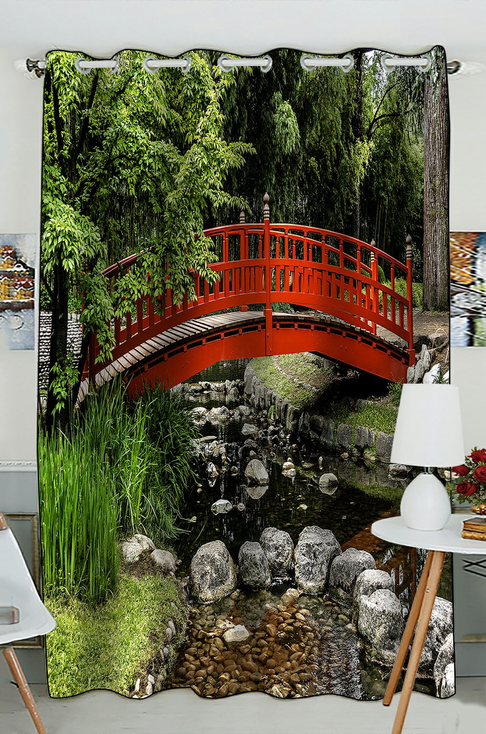 Phfzk Asian Window Curtain Landscape With Japanese Bridge Window