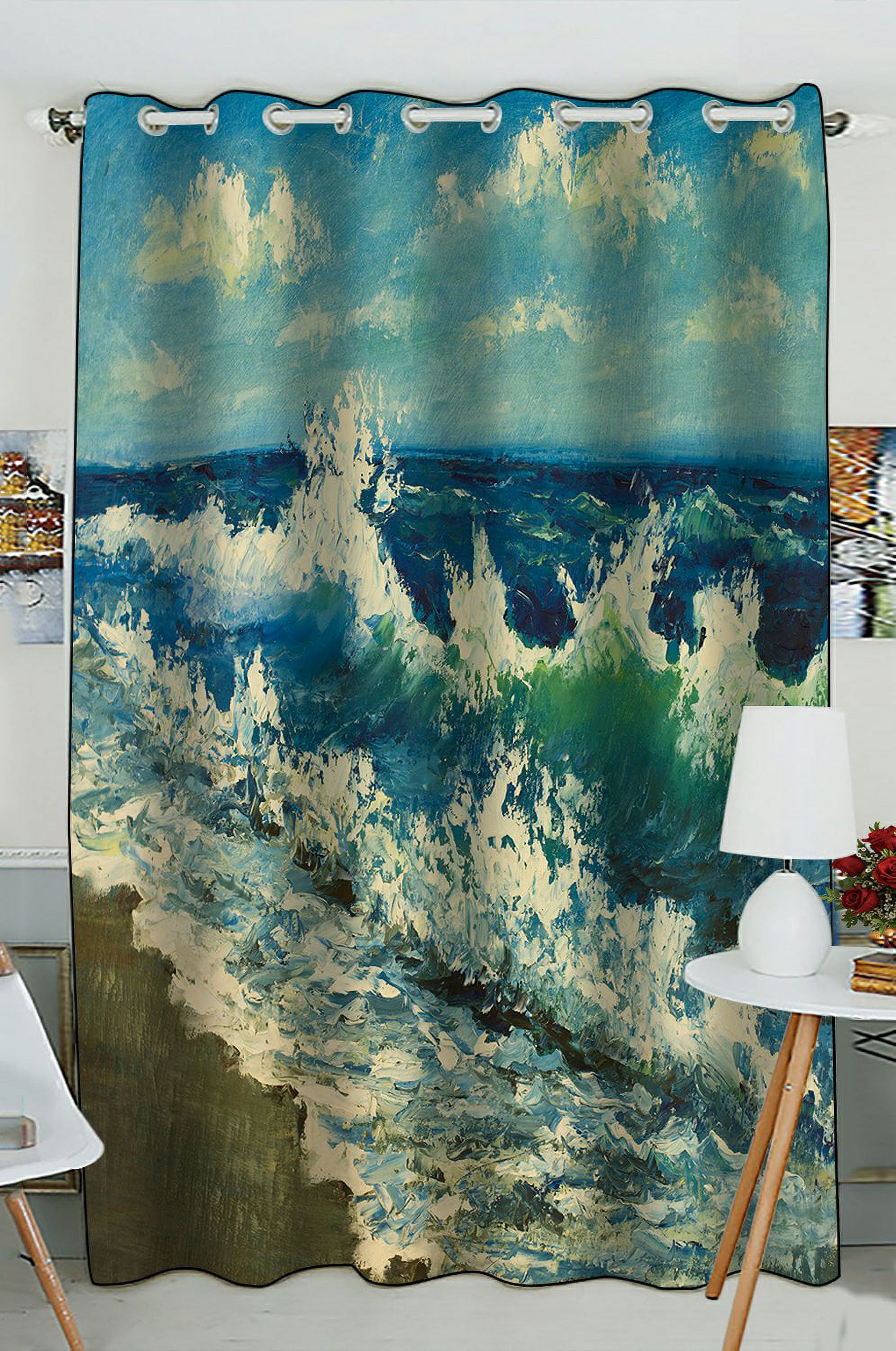 PHFZK Beautiful Ocean Waves Window Curtain, Oil Painting of Sea Beach ...