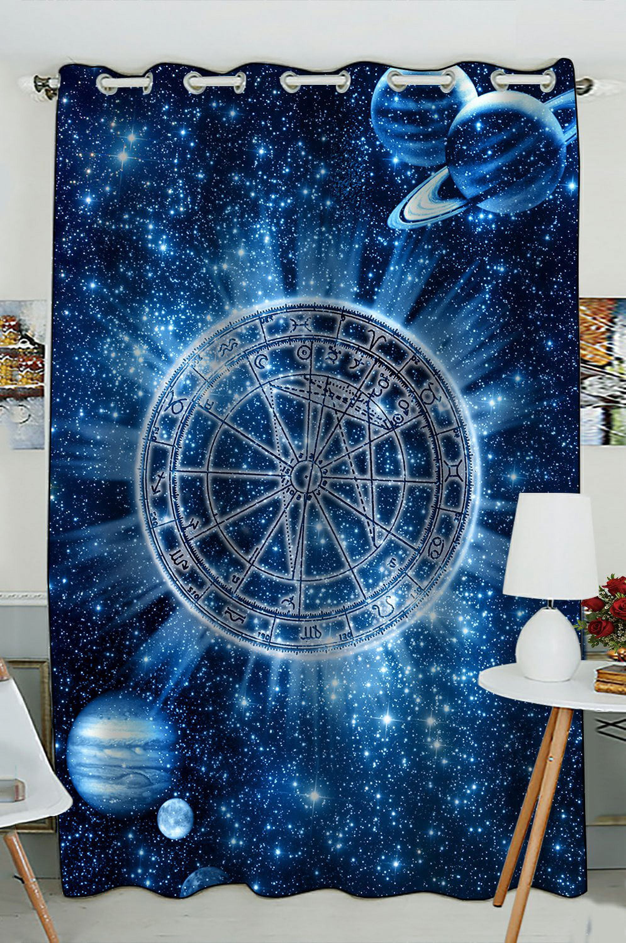 PHFZK Blue Galaxy Window Curtain, Space Zodiac Wheel and Planets Window ...
