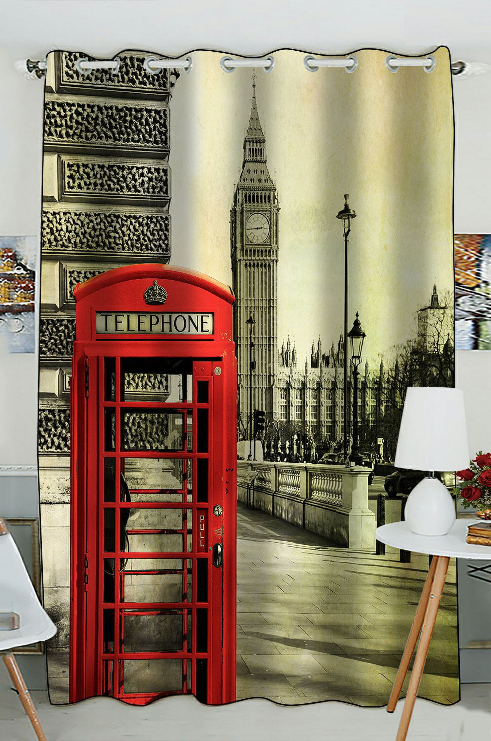 PHFZK City Window Curtain, Red Telephone Booth with the Big Ben Window ...
