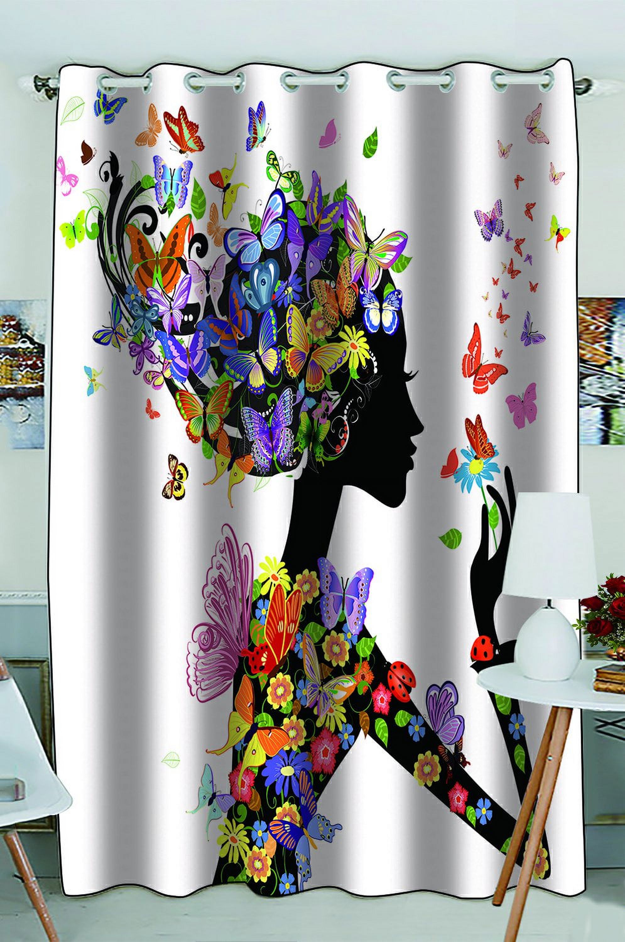 PHFZK Colorful Flower Girl Window Curtain, Floral Butterflies Window ...