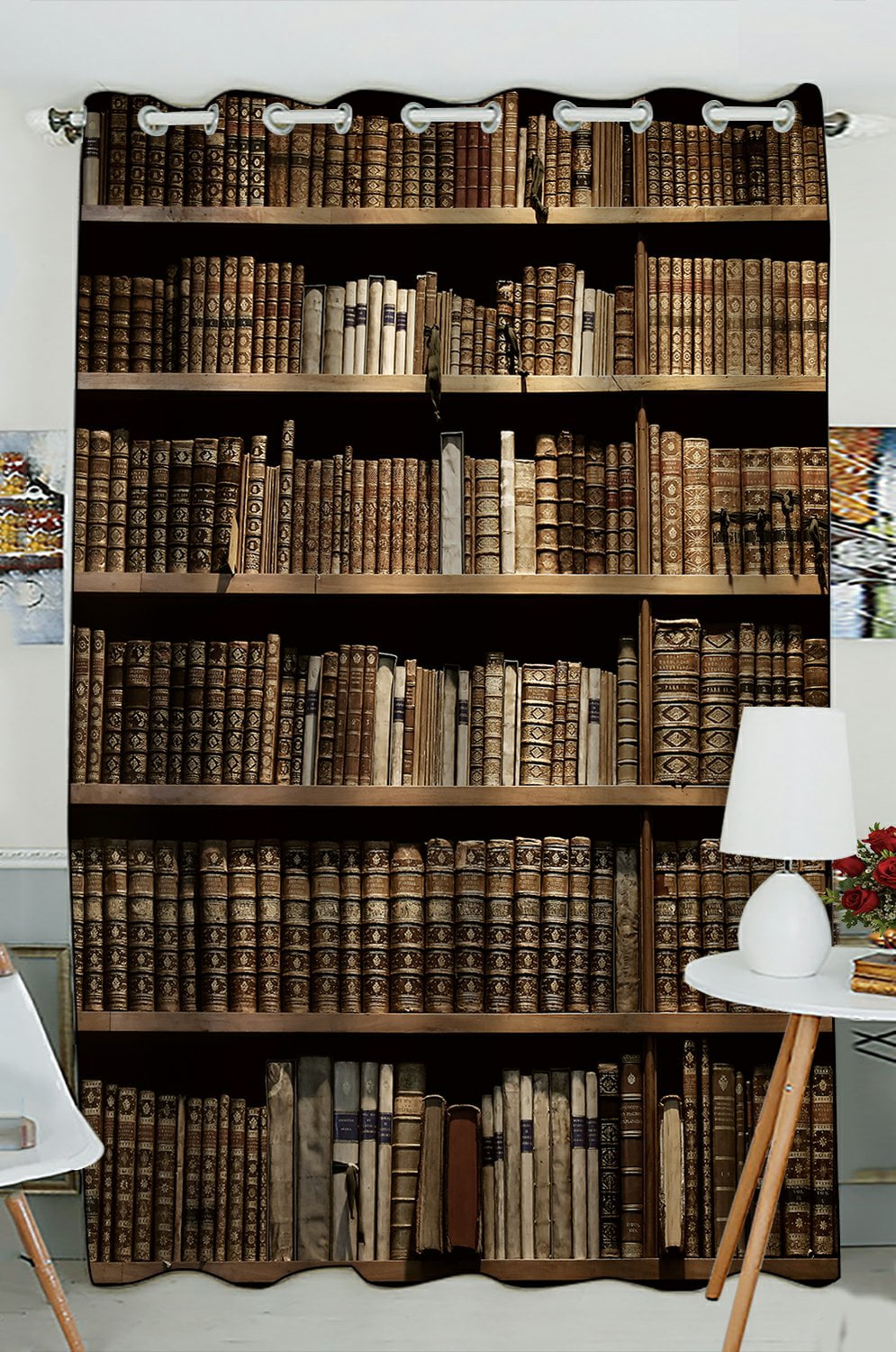 PHFZK Educational Window Curtain, Old Library Books Bookshelf Window ...