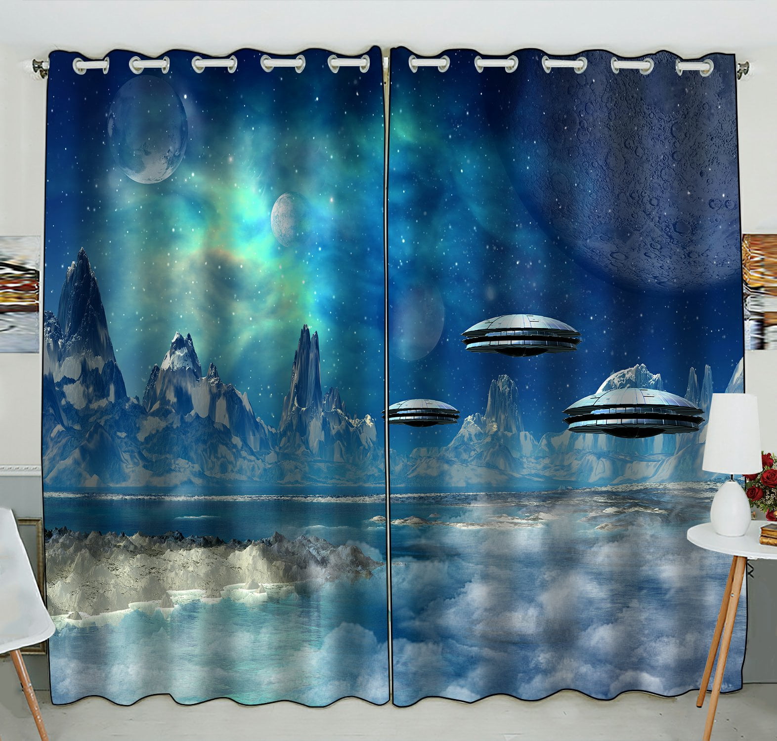 PHFZK Fantasy Window Curtain, Alien Planet With Spaceships Window ...