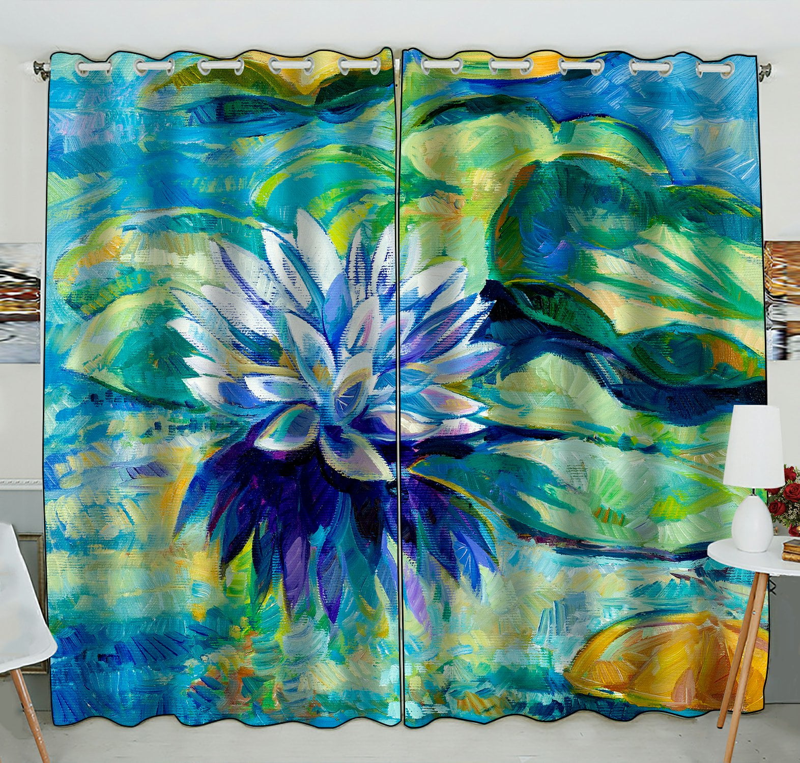 PHFZK Flower Floral Window Curtain, Oil Painting of Beautiful Water Lily Window Curtain Blackout ...