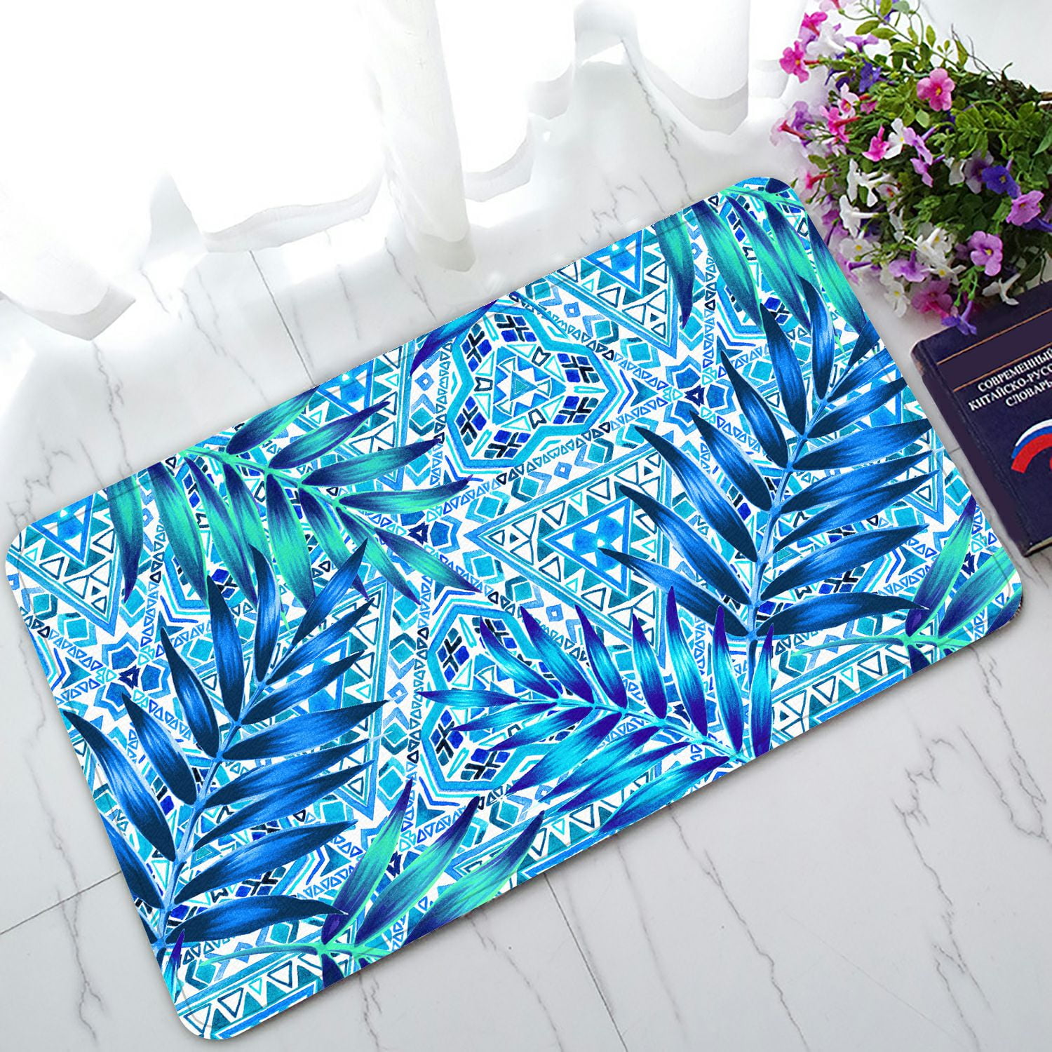 PHFZK Geometric Doormat, Tropical Palm Leaves on Tribal Aztec ...