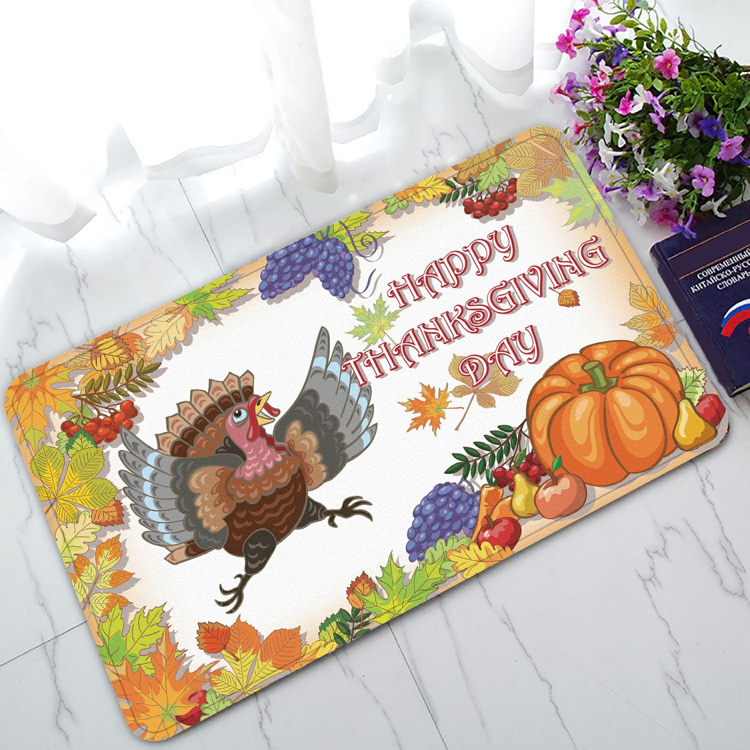 PHFZK Harvest Doormat, Happy Thanksgiving Turkey with Pumpkin Doormat ...