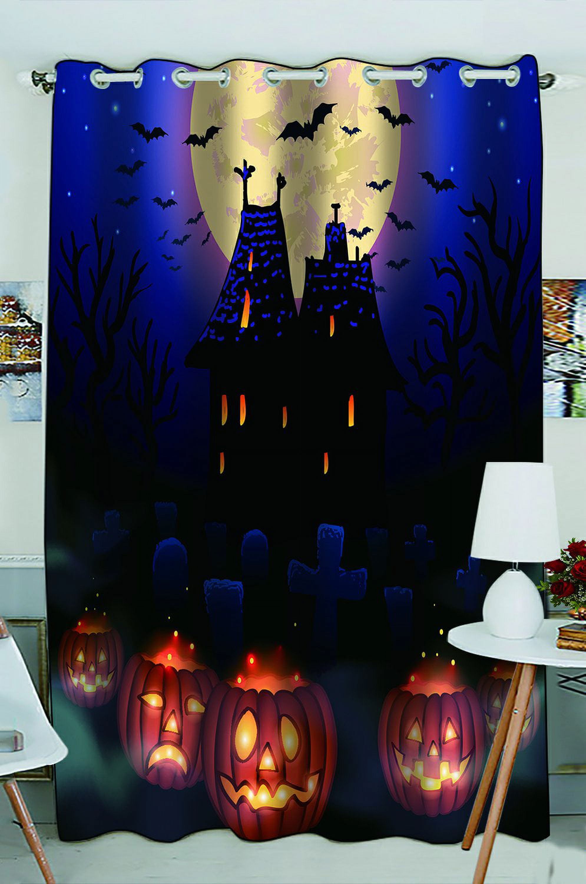PHFZK Moon Window Curtain, Halloween Wicked House with Pumpkins Window ...