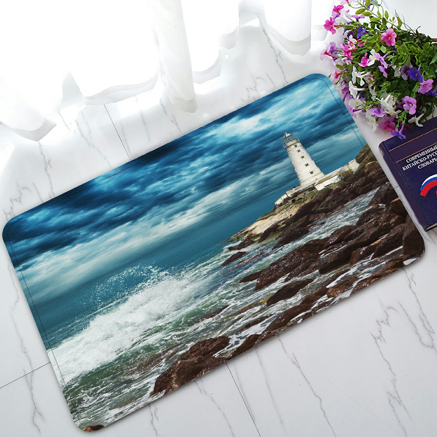 PHFZK Nautical Beach Doormat, Lighthouse Ocean Wave Rocky Beautiful ...