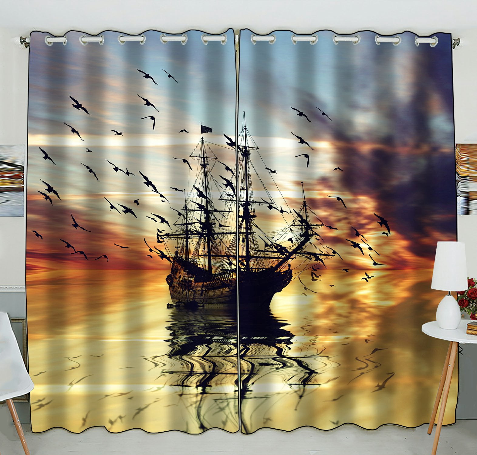 PHFZK Nautical Seascape Window Curtain, Sailboat with Bird Landscape ...