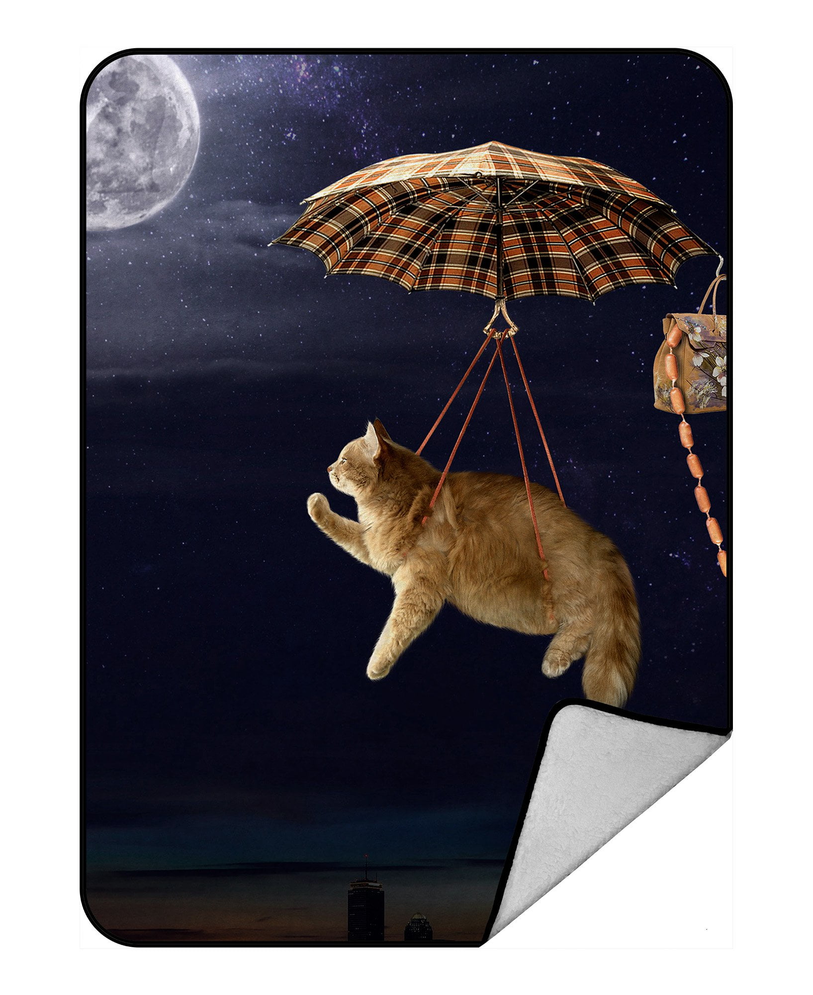 PHFZK Night Sky Blanket, Brave Funny Cat Flying on Umbrella Fleece ...