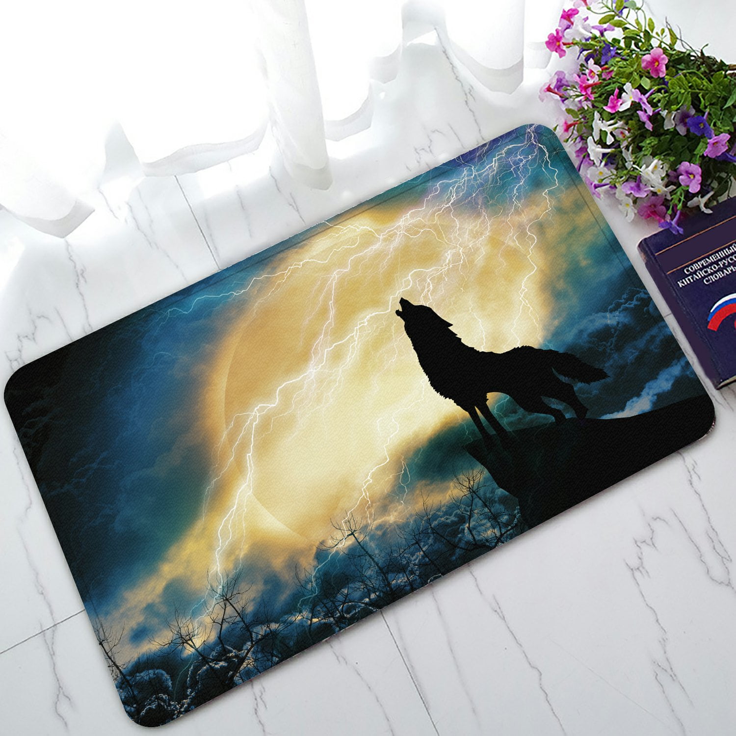 PHFZK Night Sky Doormat, Black Wolf Silhouette Howling Thunderstorm ...