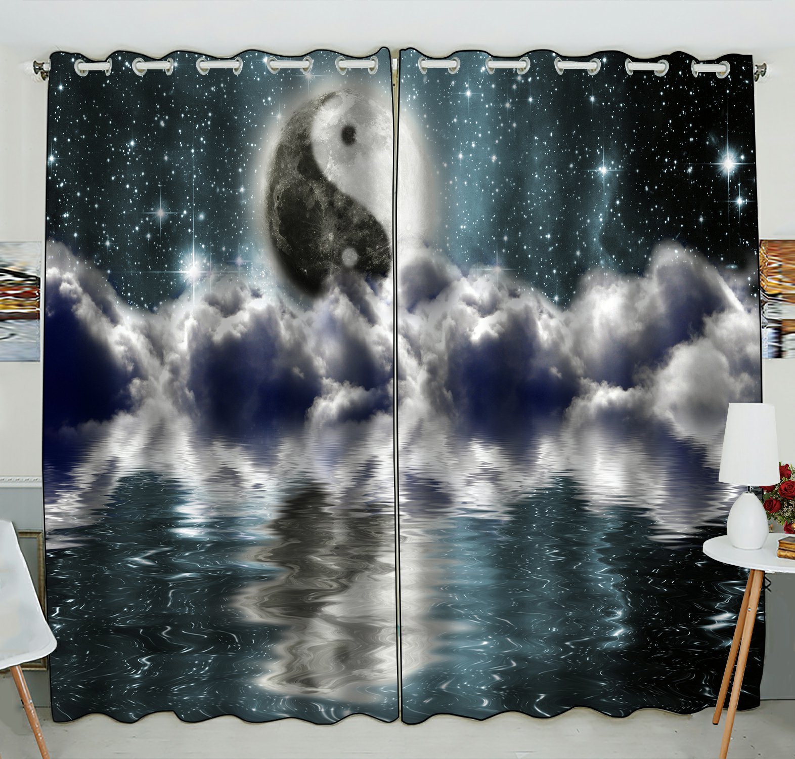 PHFZK Night Sky Window Curtain, Funny Moon with Sign of Yin Yang in the ...